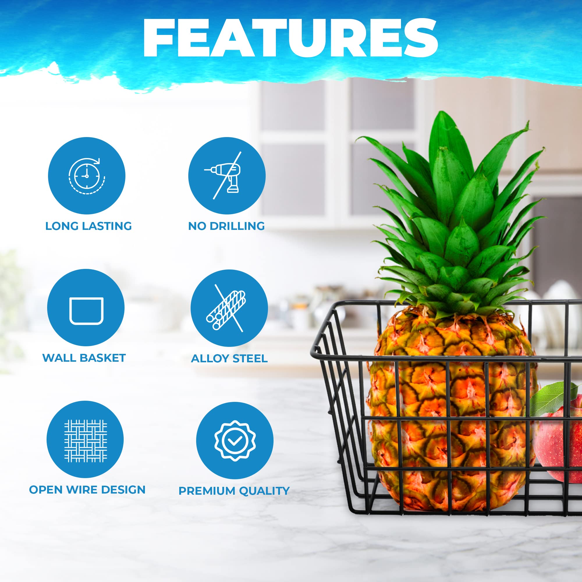 BASKETIA Wire Baskets, 2Pcs, 11x 4.7x 4.7 Inches – Rust Resistant Metal Basket with Strong Adhesive - Perfect for Organizing & Storing in Kitchen, Bathroom, Closets, Vanity & Pantry Black