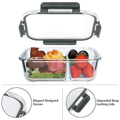 M MCIRCO [5-Pack,36 Oz] Glass Meal Prep Containers 2 Compartments Portion Control with Upgraded Snap Locking Lids Glass Food Storage Containers, Microwave, Oven, Freezer and Dishwasher (4.5 Cups)