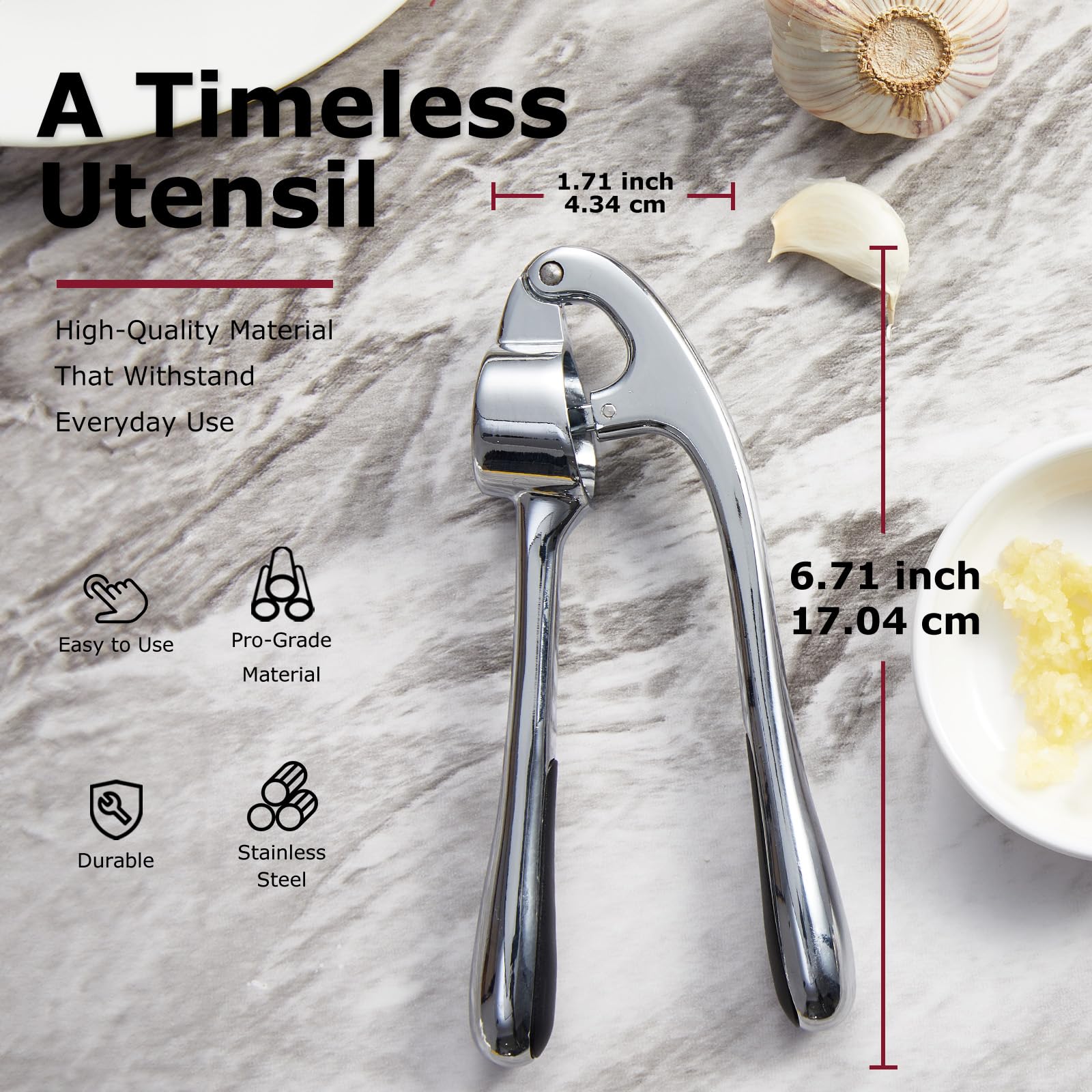 Premium Garlic Press, Garlic Mincer Set of 3 with Silicone Roller Peeler & Cleaning Brush - Gloss Silver