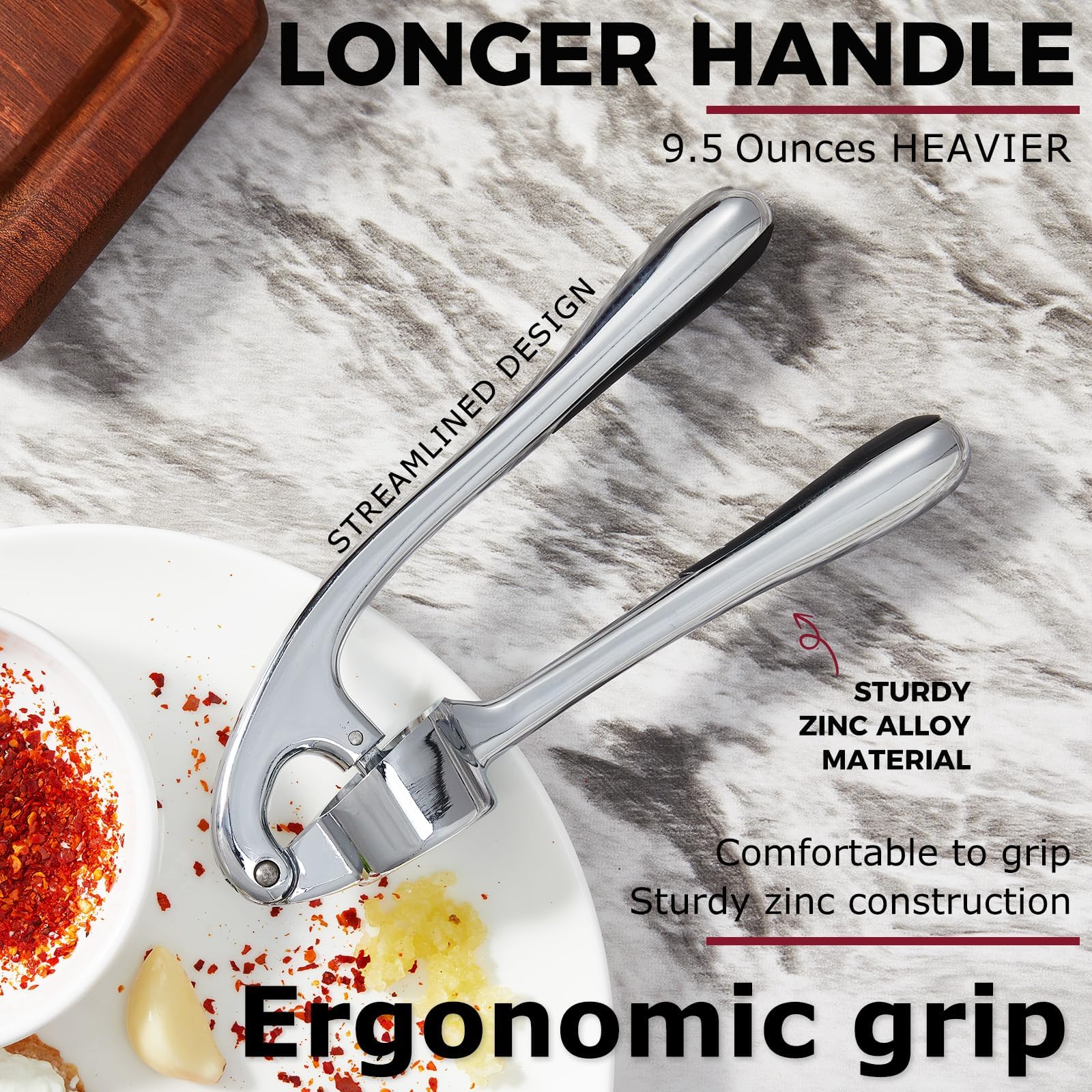 Premium Garlic Press, Garlic Mincer Set of 3 with Silicone Roller Peeler & Cleaning Brush - Gloss Silver