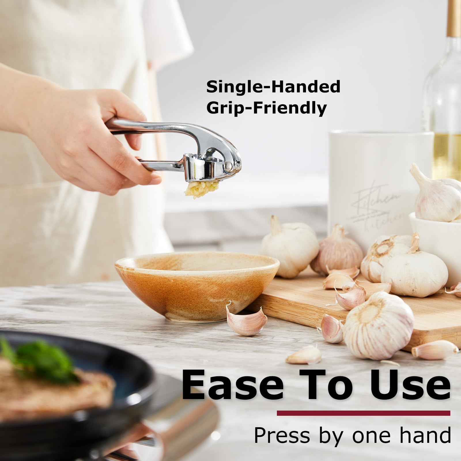 Premium Garlic Press, Garlic Mincer Set of 3 with Silicone Roller Peeler & Cleaning Brush - Gloss Silver