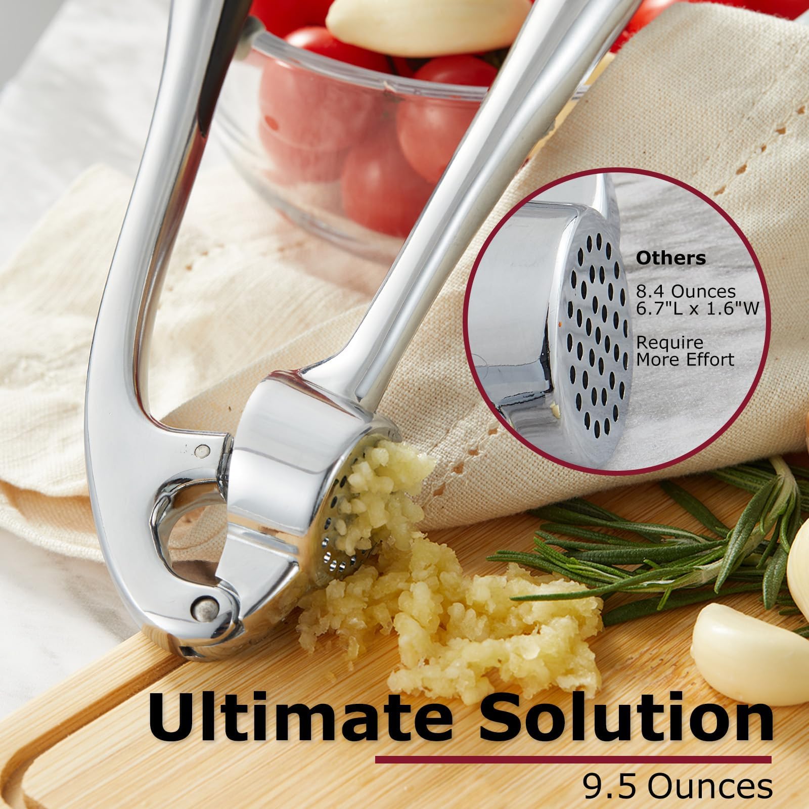 Premium Garlic Press, Garlic Mincer Set of 3 with Silicone Roller Peeler & Cleaning Brush - Gloss Silver