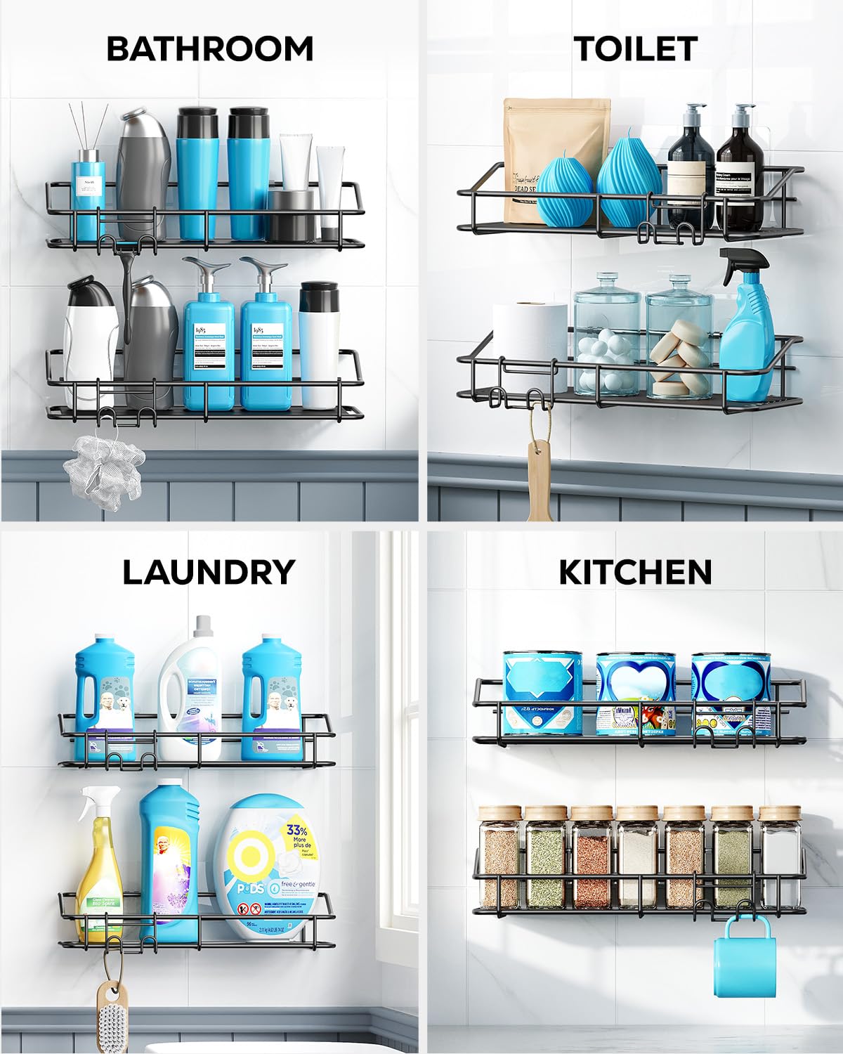 Nieifi Shower Caddy Shelf with Hooks Storage Rack Organizer Adhesive Stainless Steel Without Drilling for Bathroom, Lavatory, Washroom, Restroom, Shower, Toilet, Kitchen - 2 Pack (Black)