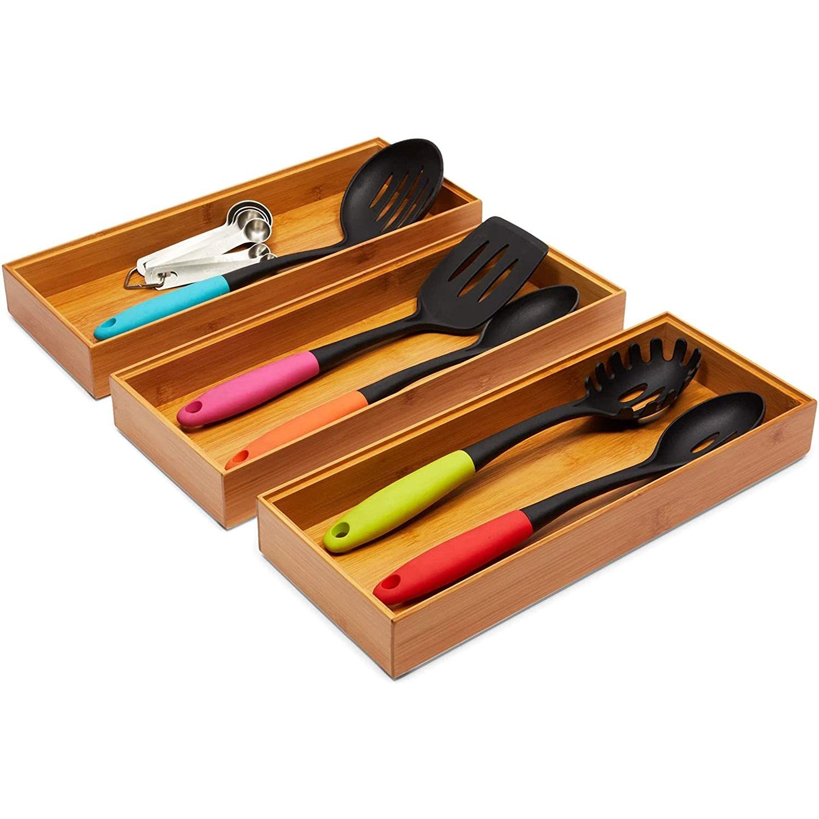 Bamboo Utensil Drawer Organizers for Kitchen (15 x 6 x 2 In, 3 Pack)