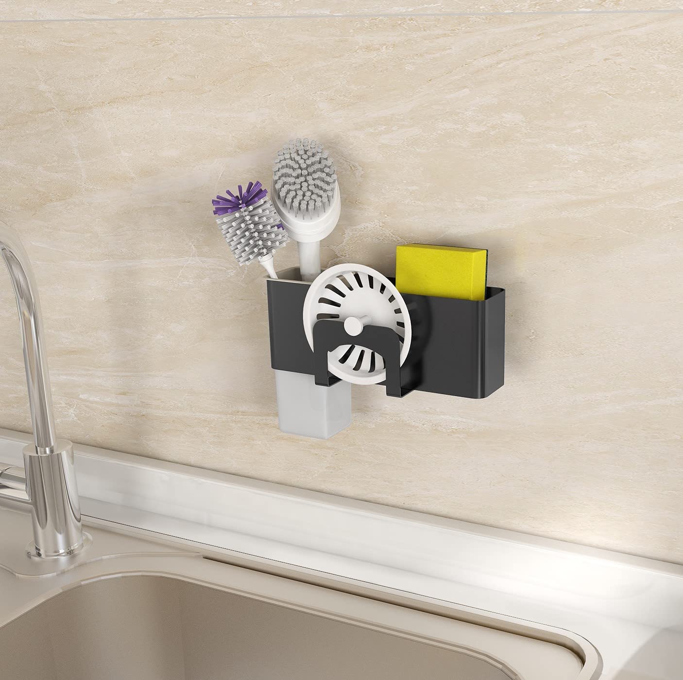 Sink Caddy Sponge Holder, Sponge Caddy and Dish Brush Holder, 3-in-1 Sink Organizer, Come with Sink Stopper Holder, Adhesive Installation, for Kitchen, Bathroom, Matte Black Stainless Steel