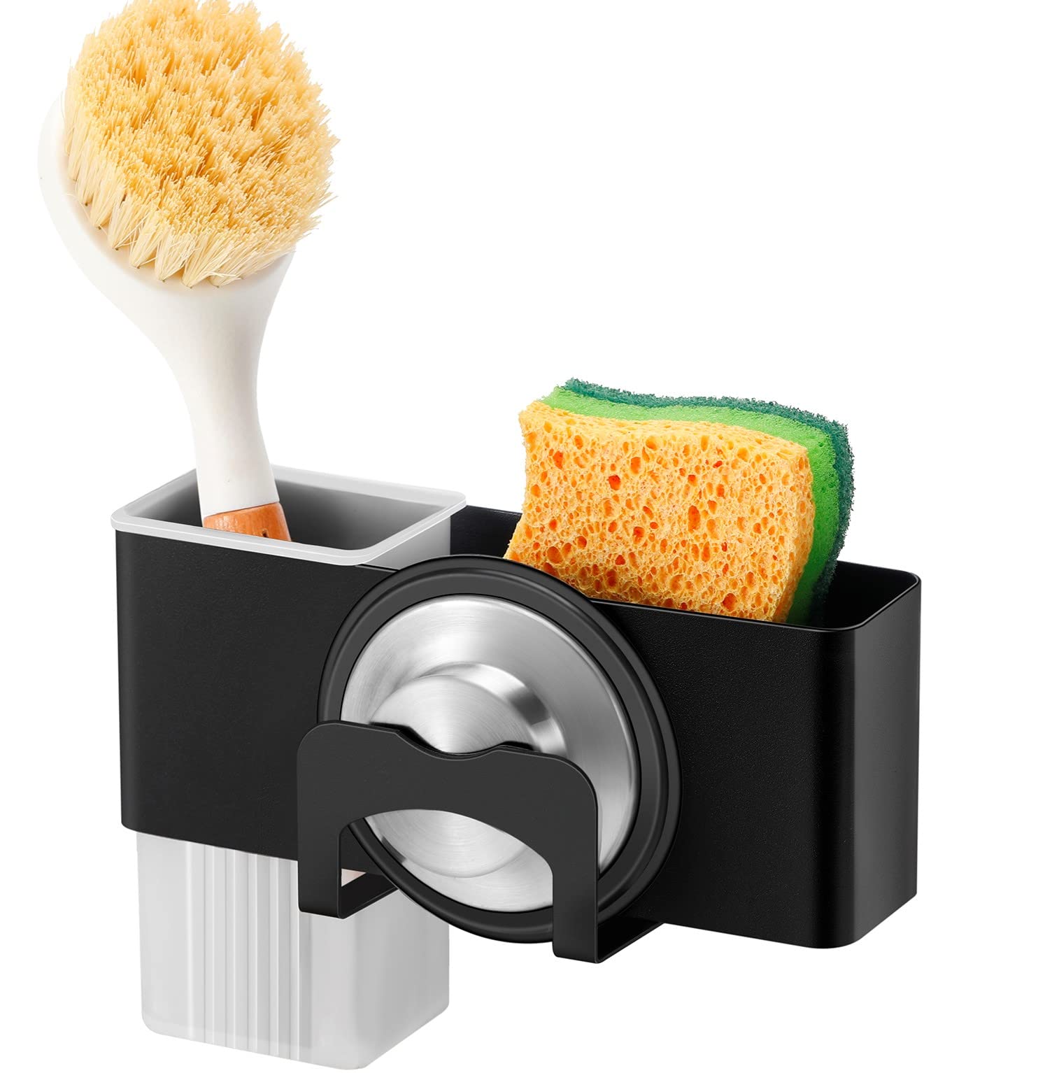 Sink Caddy Sponge Holder, Sponge Caddy and Dish Brush Holder, 3-in-1 Sink Organizer, Come with Sink Stopper Holder, Adhesive Installation, for Kitchen, Bathroom, Matte Black Stainless Steel