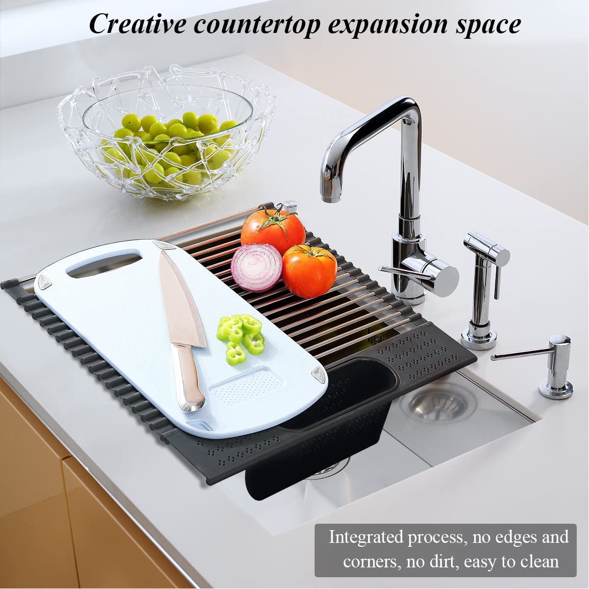 Berglander Gold Dish Drying Rack Over The Sink, L17.5*W 15" Rollable Tianium Golden Plating Stainless Steel Dish Rack with Removable Storage Basket, Perfect for Kitchen Sink