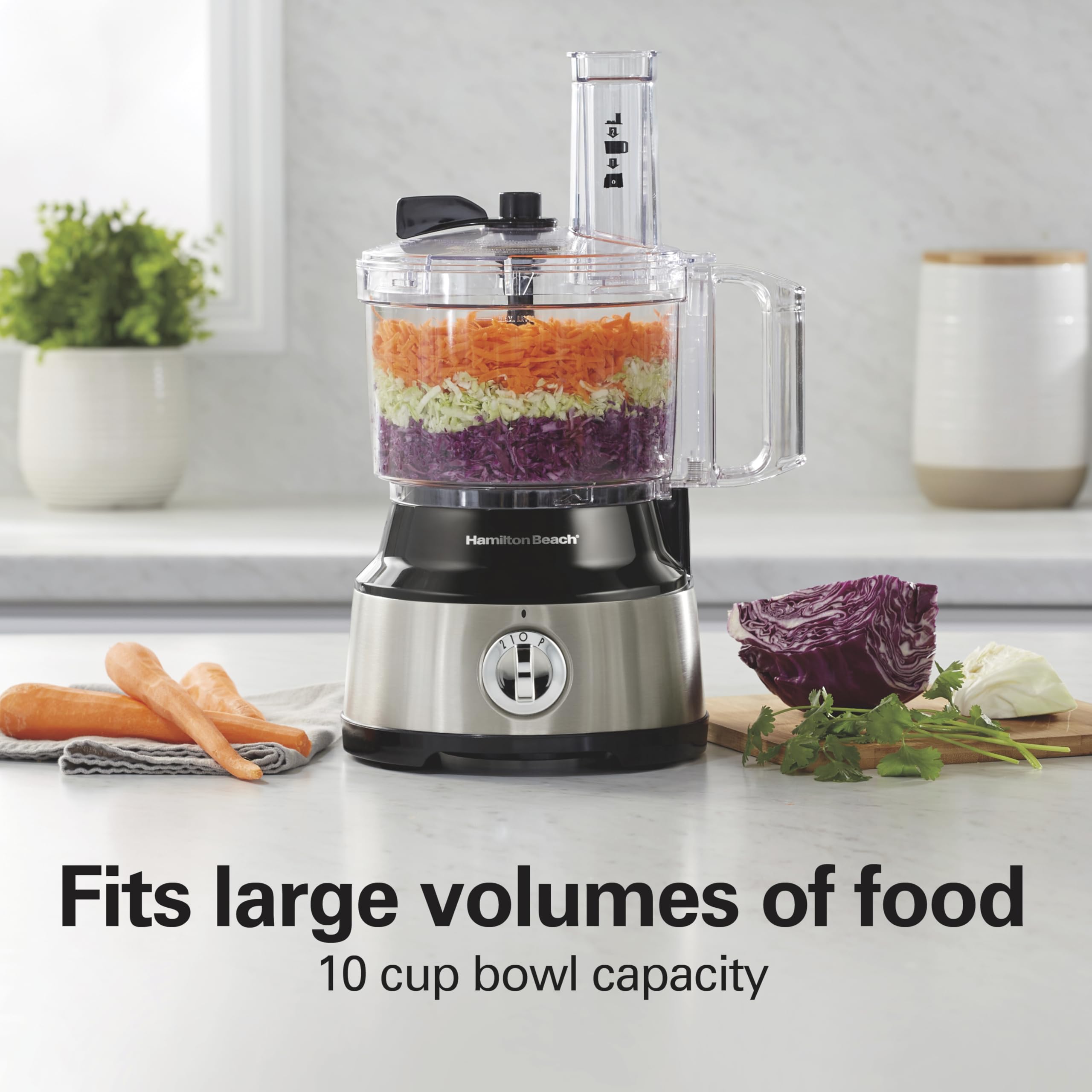 Hamilton Beach Food Processor & Vegetable Chopper for Slicing, Shredding, Mincing, and Puree, 10 Cups - Bowl Scraper, Stainless Steel