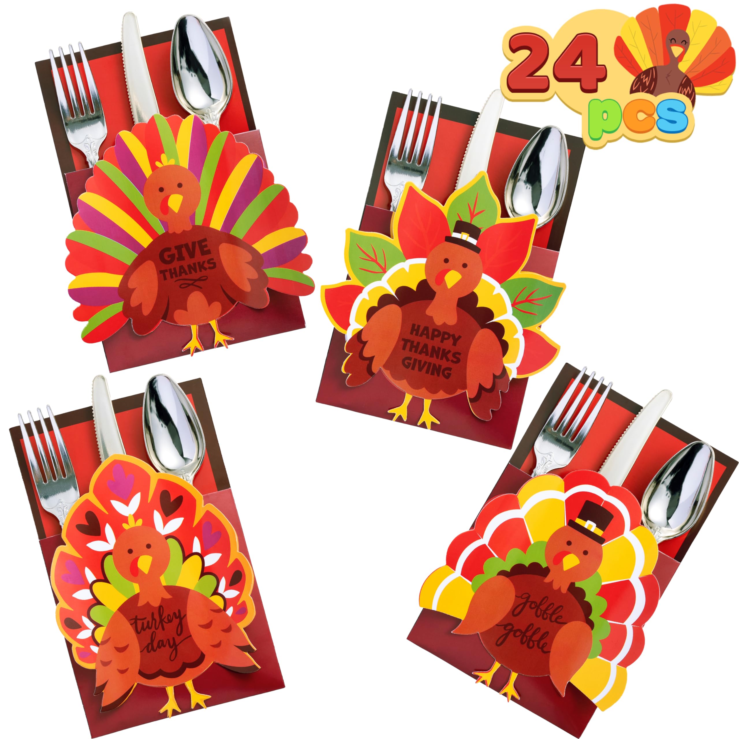 24 Thanksgiving Turkey Cutlery Decorative Utensil Holders for Autumn Fall Party