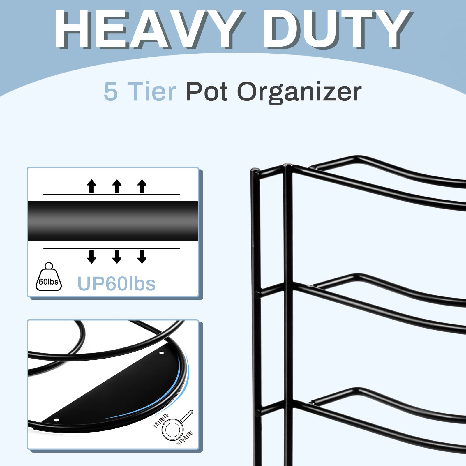 Almcmy Pan Organizer Rack,5 Tier Heavy Duty Pots and Pans Organizer,Pot Lid Organizer Rack for Kitchen Counter & Cabinet Storage and Organization,Send 3 PCS Silicone Cooking Spatulas&Cleaning Cloth