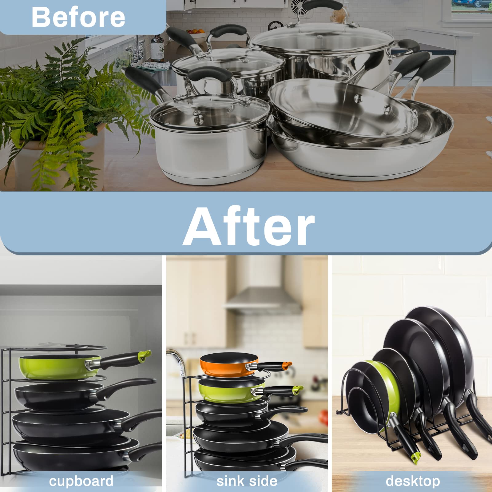 Almcmy Pan Organizer Rack,5 Tier Heavy Duty Pots and Pans Organizer,Pot Lid Organizer Rack for Kitchen Counter & Cabinet Storage and Organization,Send 3 PCS Silicone Cooking Spatulas&Cleaning Cloth