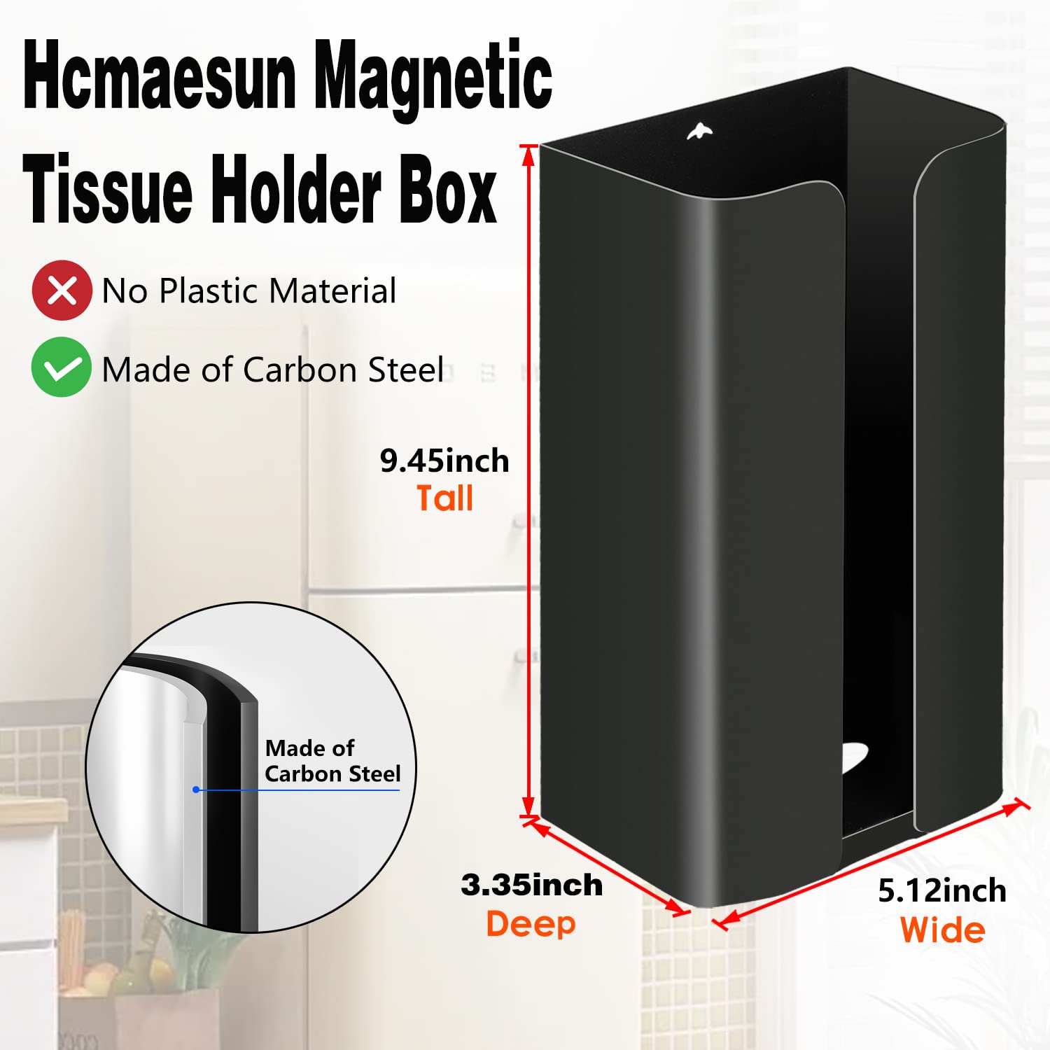 Hcmaesun Magnetic Tissue Holder Glove Dispenser Holder and Trash Bag Holder for Kitchen, Holds Boxes of Tissues, Trash Bag, Gloves, Mount onto Fridge Kitchens or in Garages, Workshops, Black