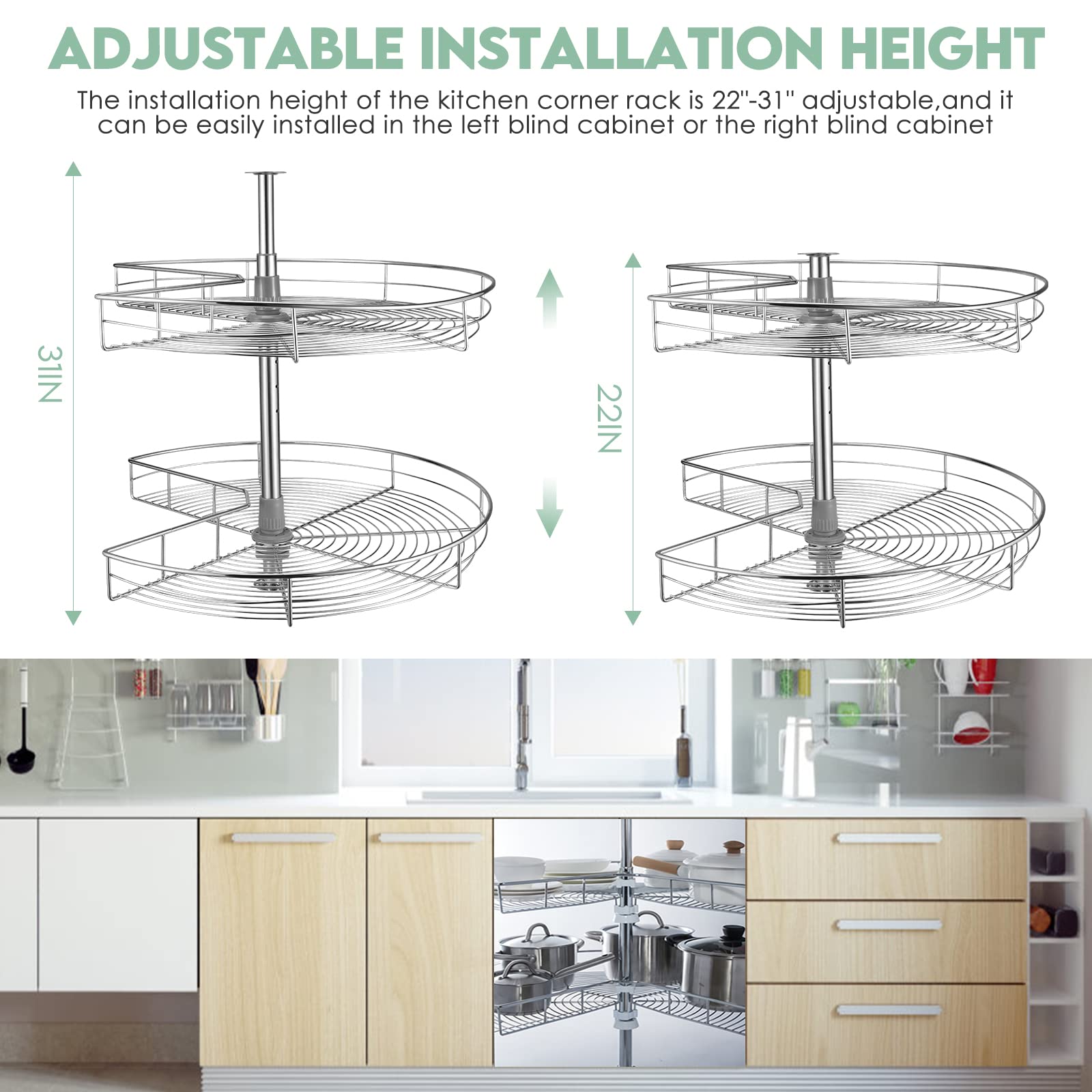 32'' Kidney Chrome Lazy Susan MATHOWAL 2-Shelf Kitchen Cabinet Blind Corner Kidney Shaped Corner Organizer Storage RackIUS Store