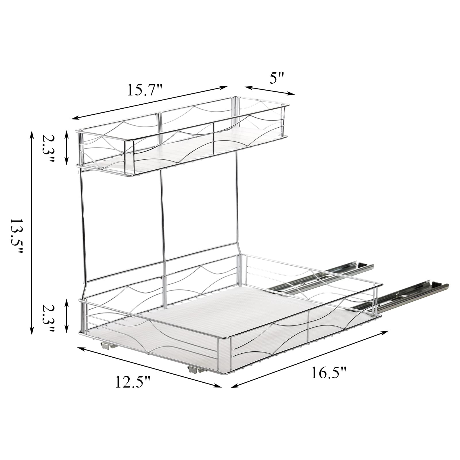 Elsjoy Under Sink Pull Out Sliding Shelf, 2 Tier Cabinet Storage Organizer Slide Out Drawer Basket with EVA Liner Pads for Kitchen, Bathroom, Request at Least 13.5" Cabinet Opening
