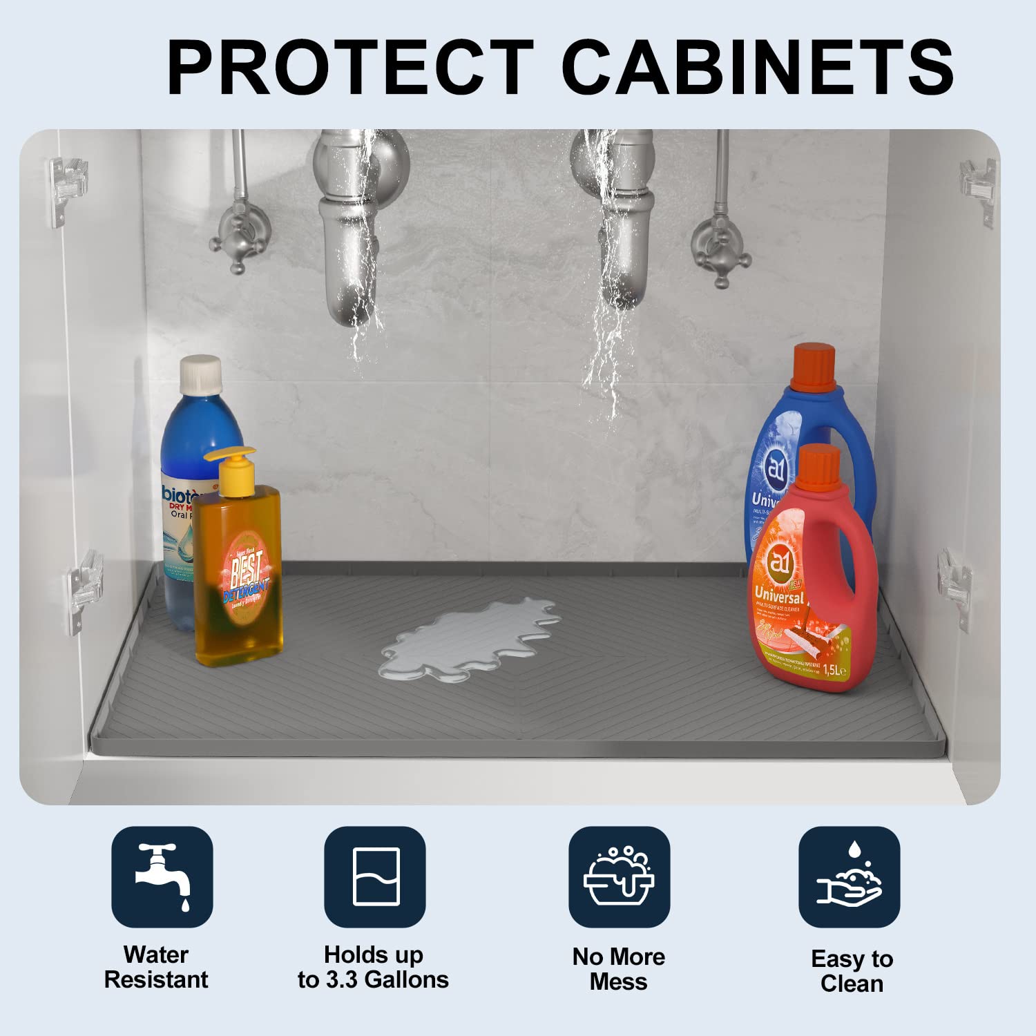 Under Sink Mat,PRETIRENO 34" x 22" Silicone Under Sink Liner for Kitchen & Bathroom Sink Base Cabinets,Under Sink Drip Tray with Lip, Grey