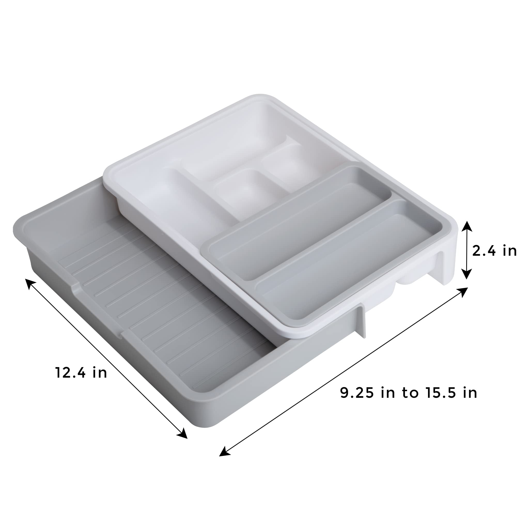 Smart Design 7 Compartment Expandable Drawer Organizer - Sliding Tray - BPA Free - Utensils, Flatware, Office, Personal Care, or Makeup Storage - Kitchen - White with Gray