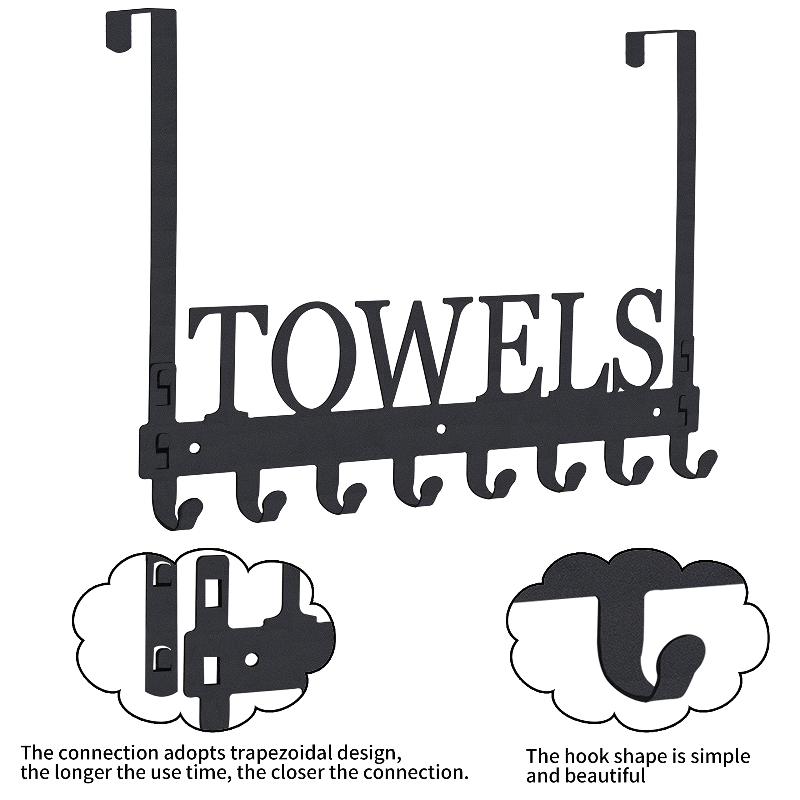 Over The Door Hooks, Towel Holder for Bathroom, Door Mount Towel Rack Towel Hooks for Bathroom Kitchen Pool Beach Towels Bathrobe Wall Mount Towel Hanger Metal Sandblasted (Black)