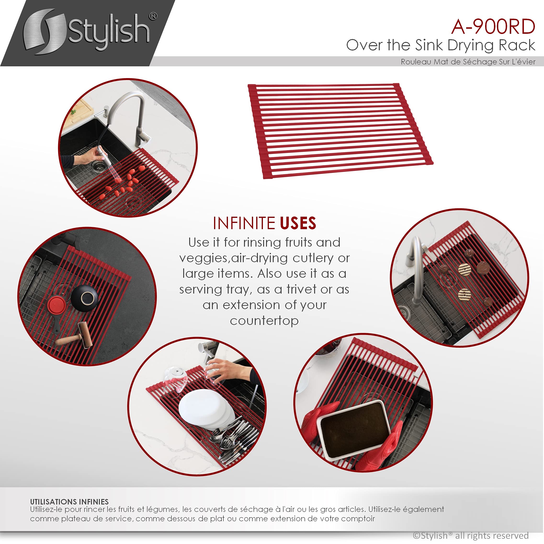 STYLISH Over The Sink Roll-Up Dish Drying Rack | Trivet | Heat Resistant | Drying Dishes and Rinsing Vegetables | Black | A-900BK