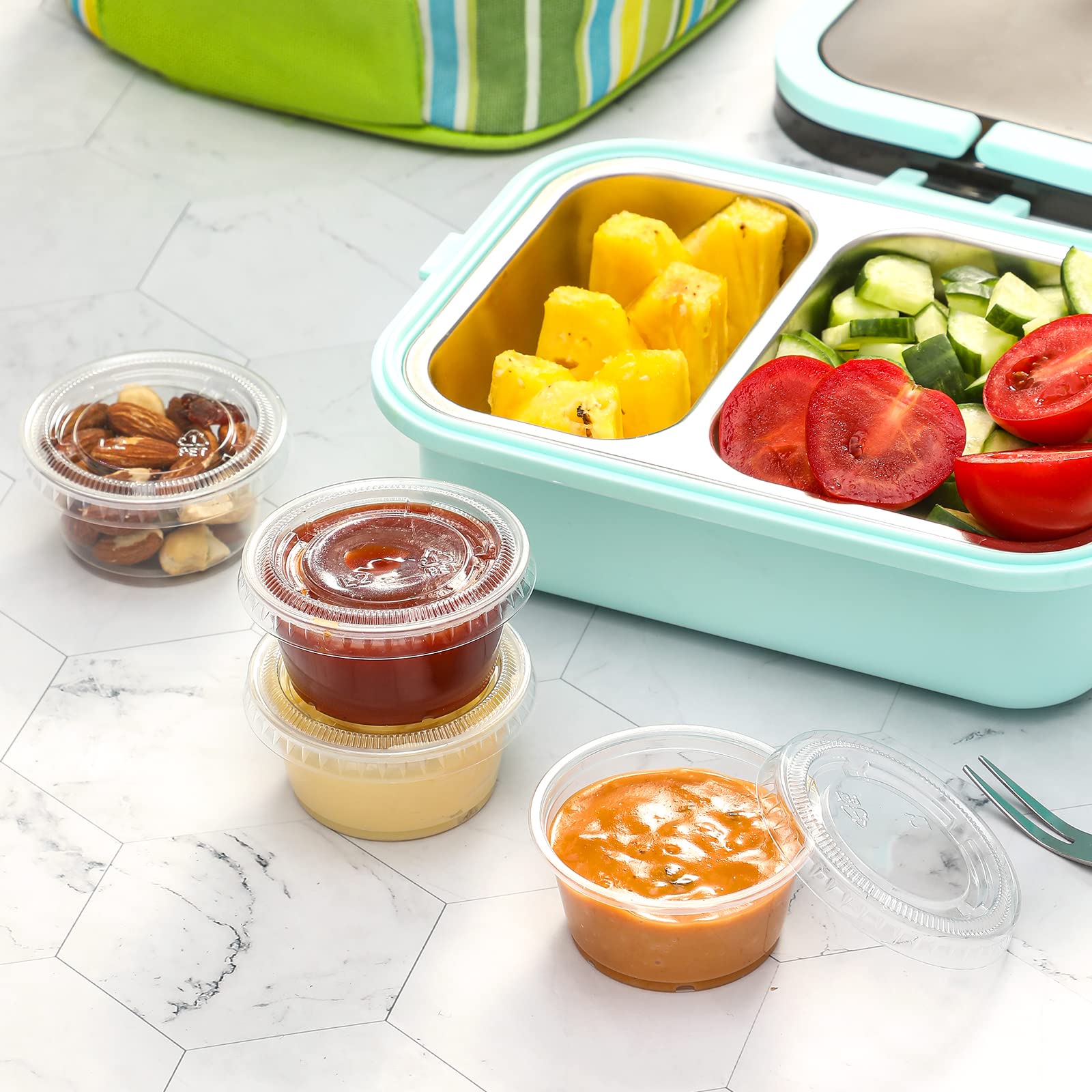 [130 Sets - 2 Oz ] Jello Shot Cups, Small Plastic Containers with Lids, Airtight and Stackable Portion Cups, Salad Dressing Container, Dipping Sauce Cups, Condiment Cups for Lunch, Party to Go, Trips