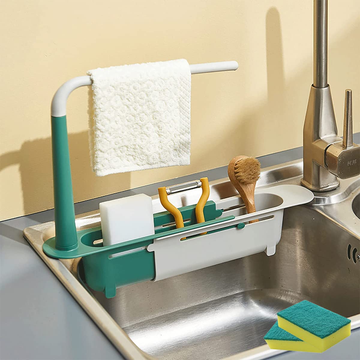Dazzlewings Updated Telescopic Sink Storage Rack Holder with 2 Sponge, Adjustable Telescopic 2-in-1 Sink Storage Rack Holder with Dishcloth for Home Kitchen(Green)