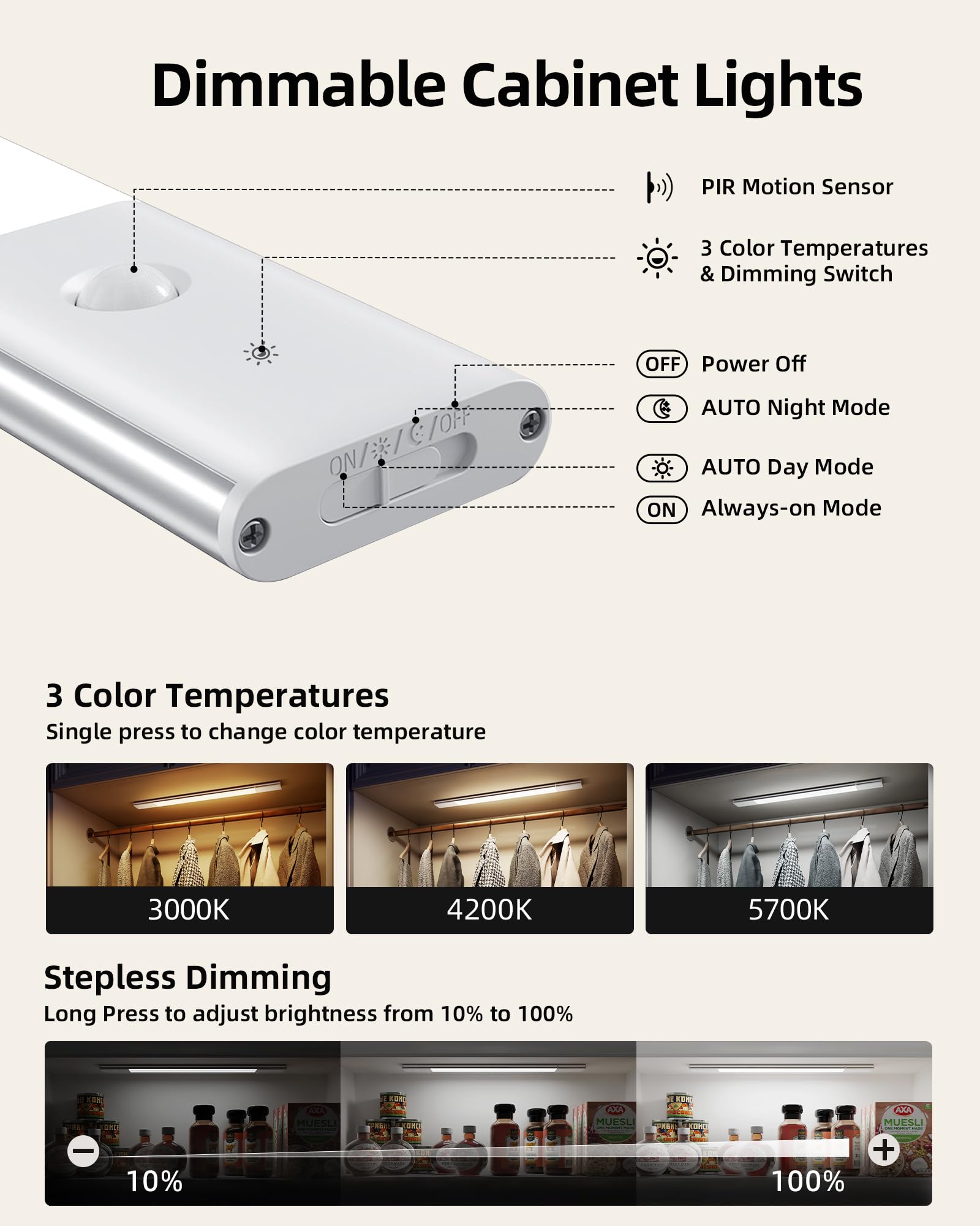 EZVALO LED Closet Light, 48LED Battery Operated Lights Motion Sensor Light Rechargeable Under Cabinet Lighting Night Light for Closet, Cabinet, Kitchen, Wardrobe, Cupboard