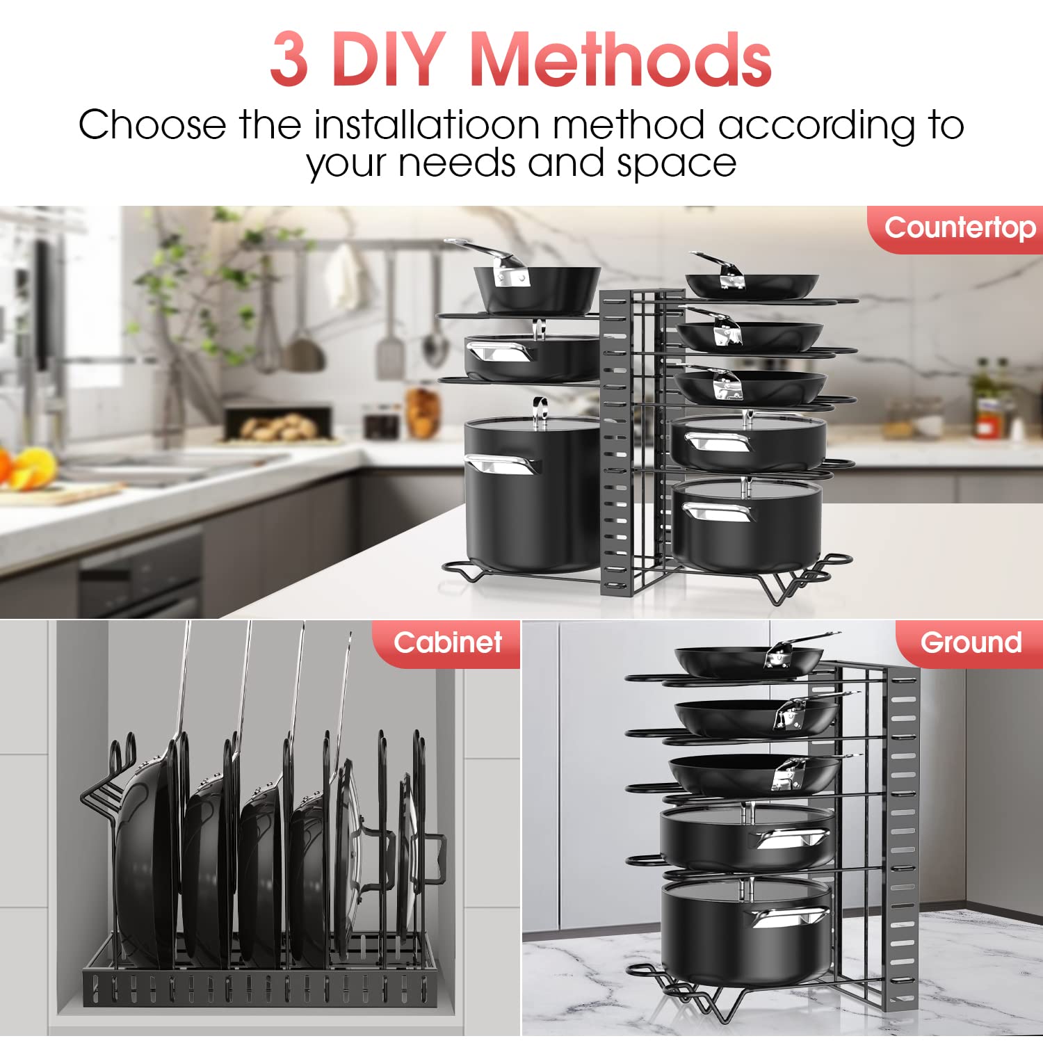 Pot Rack Organizers & Pull Out Cabinet Organizer, Adjustable Pots and Pans Organizer with 3 DIY Methods for Kitchen Organization, 12.6W x 16.53D x 12.99H Under Sink Slide Out Storage Shelf(2 Pack)