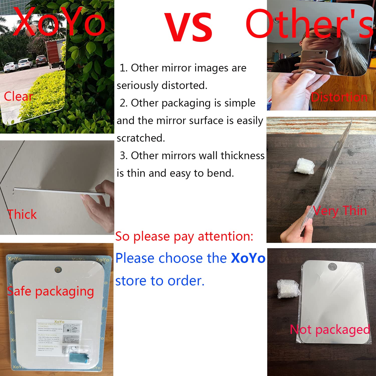 XoYo-Large Fogless Shower Mirror(11inX7.48in), Includes 1 Adhesive Hooks, Anit-Fog Shower Mirror, Shower Makeup Shave Mirror, Frameless Shower Mirror, Wall Hanging Mirror