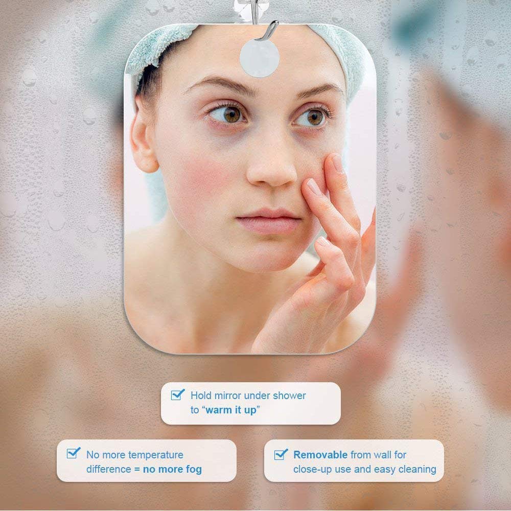 XoYo-Large Fogless Shower Mirror(11inX7.48in), Includes 1 Adhesive Hooks, Anit-Fog Shower Mirror, Shower Makeup Shave Mirror, Frameless Shower Mirror, Wall Hanging Mirror