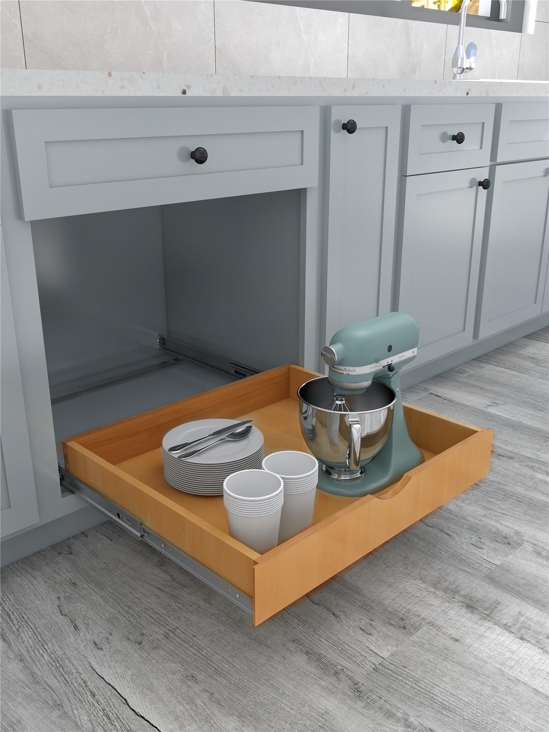 Soft Close Wooden Drawer Box Organizer Fully Assembled Pull Out Under Cabinet Sliding Shelf Base Kitchen Bathroom Vanity Under Sink Pull Out Organizer Drawer | Wood Roll Out Tray (26''W x 22''D)