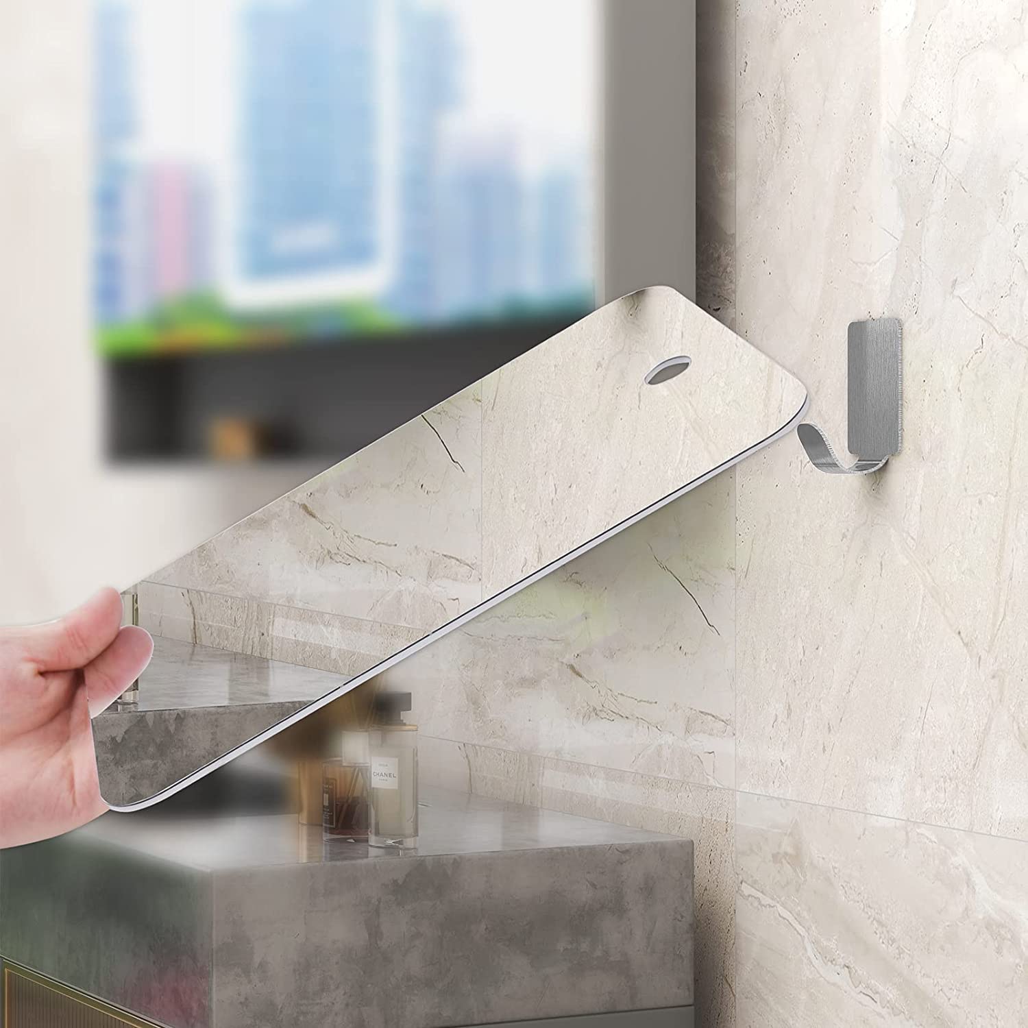 XoYo-Large Fogless Shower Mirror(11inX7.48in), Includes 1 Adhesive Hooks, Anit-Fog Shower Mirror, Shower Makeup Shave Mirror, Frameless Shower Mirror, Wall Hanging Mirror