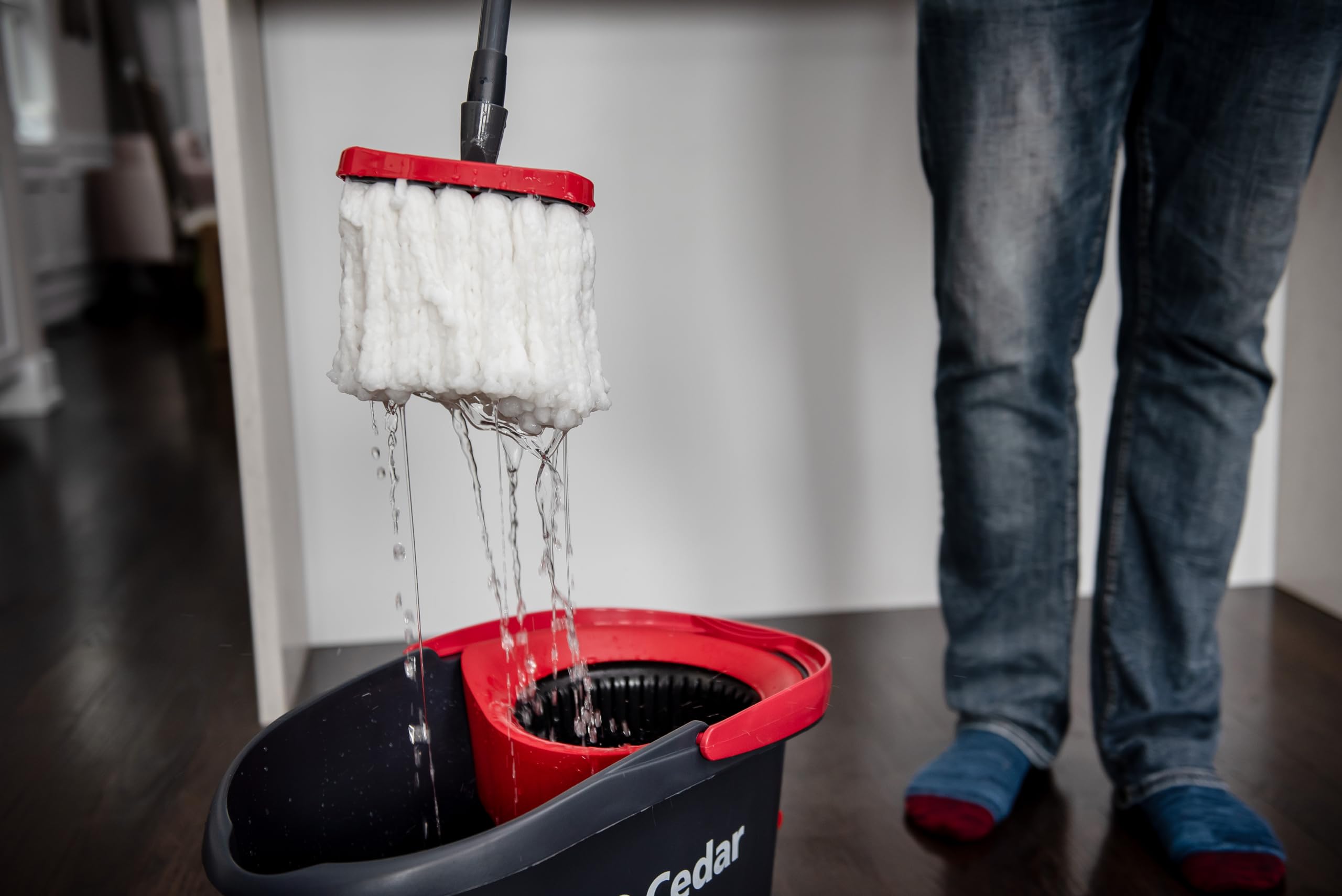 O-Cedar EasyWring Microfiber Spin Mop, Bucket Floor Cleaning System, Red, Gray
