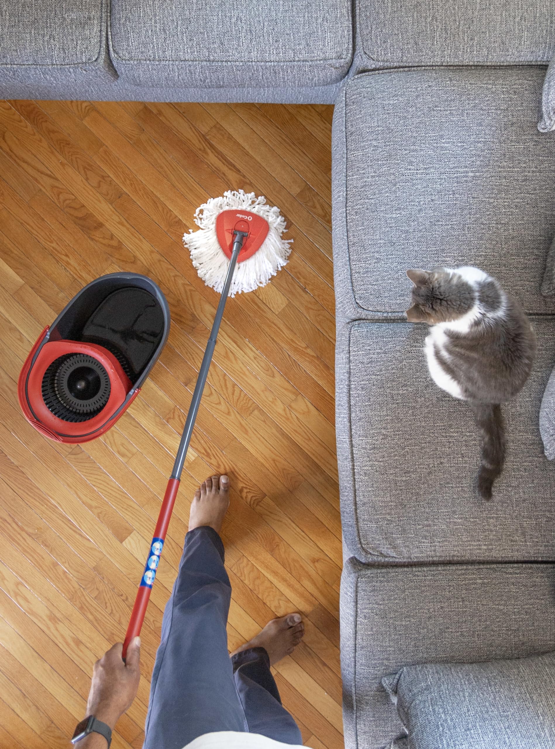 O-Cedar EasyWring Microfiber Spin Mop, Bucket Floor Cleaning System, Red, Gray