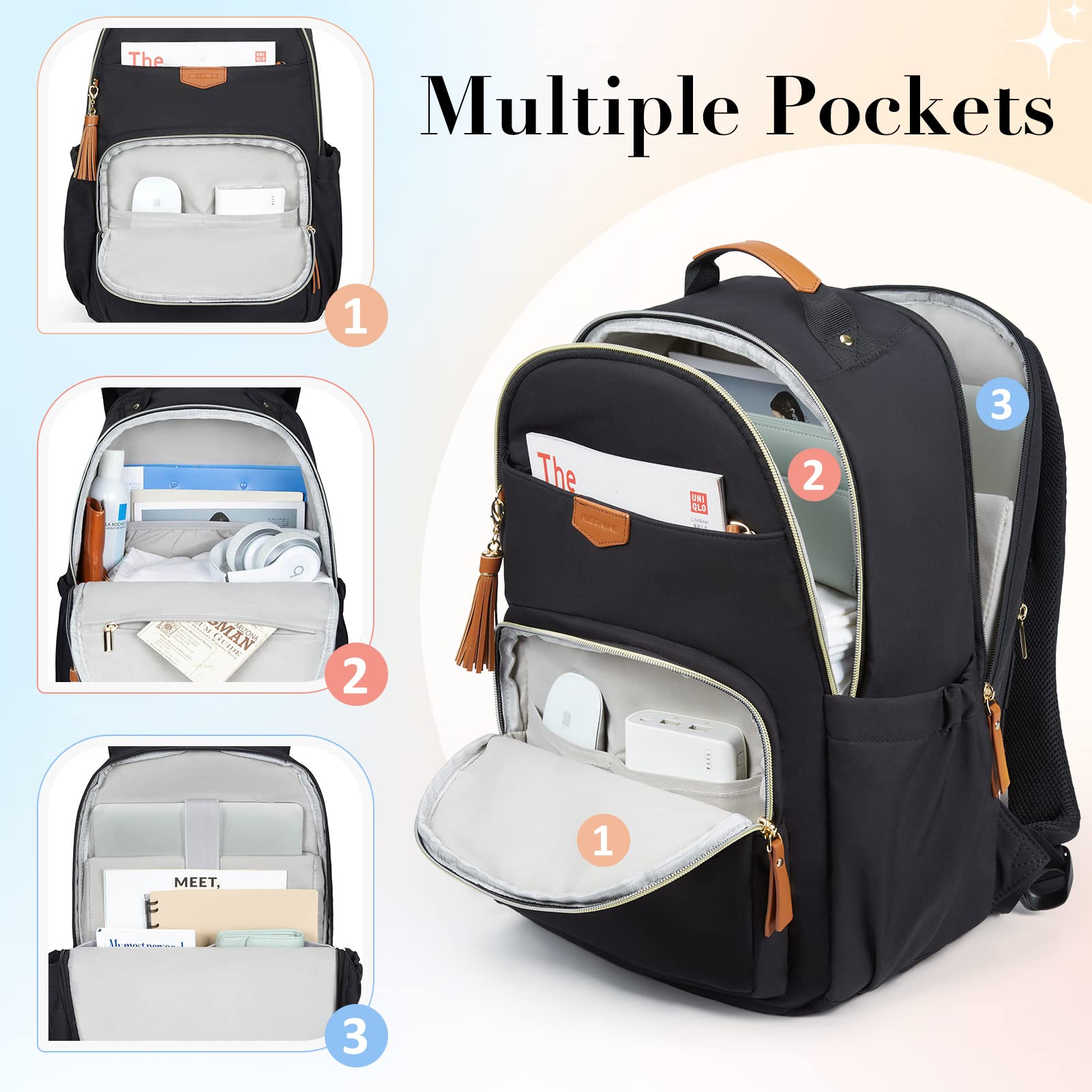 Missnine Laptop Backpack for School Travel Women 15.6 Inch Computer Back Pack with Charging Port Water Repellent Bookbag Lightweight