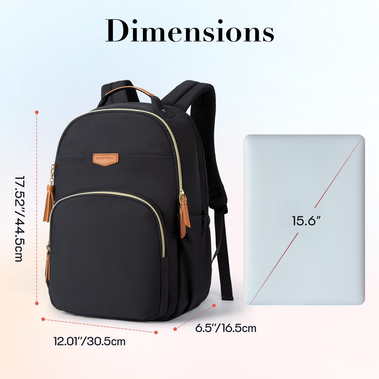 Missnine Laptop Backpack for School Travel Women 15.6 Inch Computer Back Pack with Charging Port Water Repellent Bookbag Lightweight