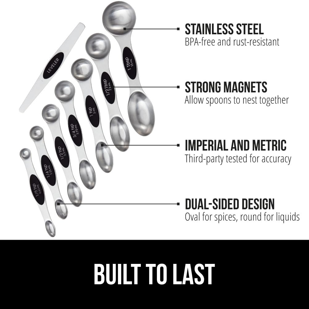 Gorilla Grip Magnetic Measuring Spoons 8 Piece Set, Stainless Steel Metal Cups, Dual Sided Nesting Design, Metric and US, Precise Teaspoon Measurements, Baking and Cooking Supplies, Gifts, Black