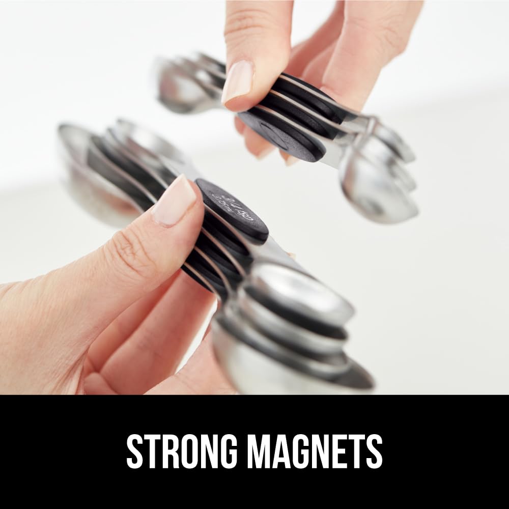 Gorilla Grip Magnetic Measuring Spoons 8 Piece Set, Stainless Steel Metal Cups, Dual Sided Nesting Design, Metric and US, Precise Teaspoon Measurements, Baking and Cooking Supplies, Gifts, Black