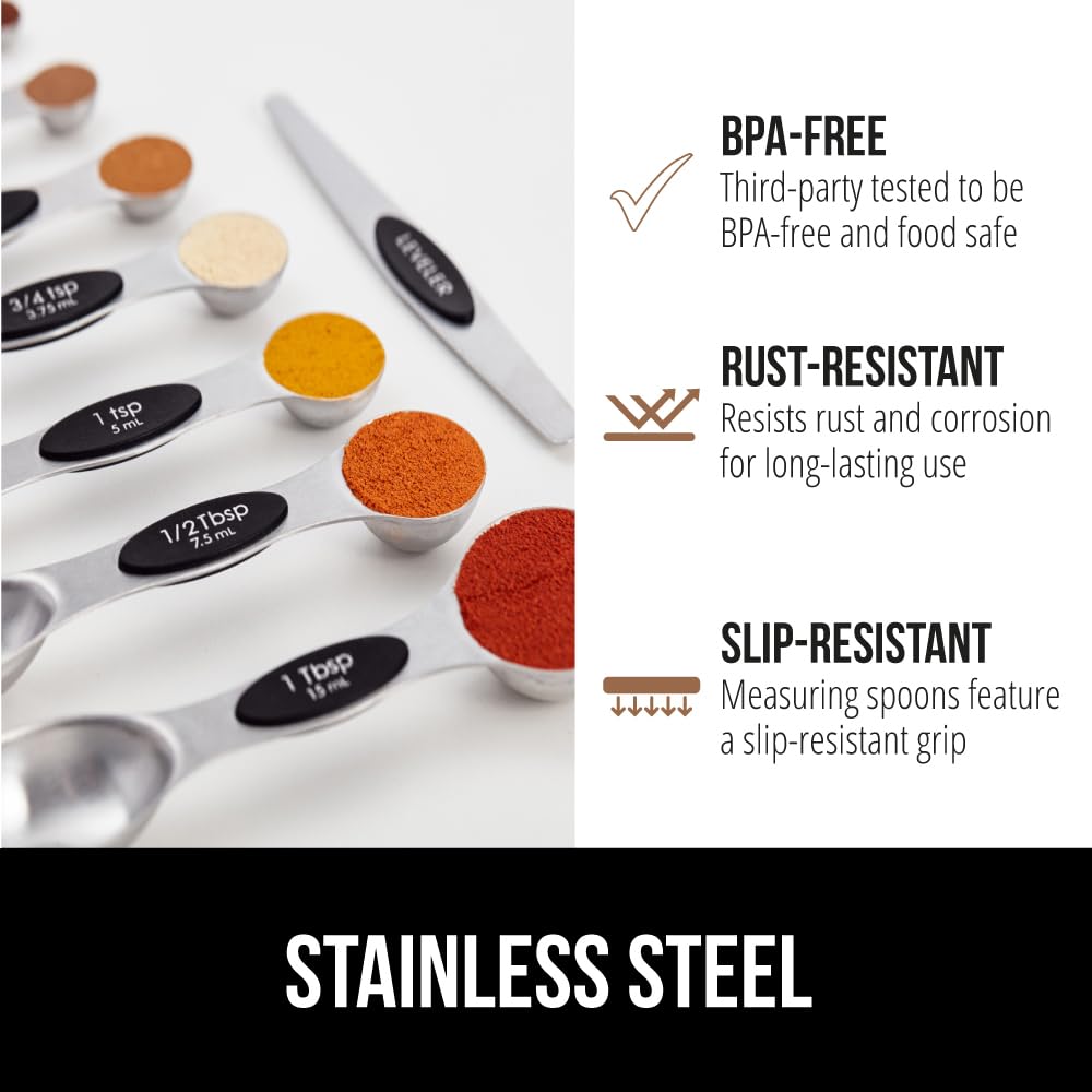 Gorilla Grip Magnetic Measuring Spoons 8 Piece Set, Stainless Steel Metal Cups, Dual Sided Nesting Design, Metric and US, Precise Teaspoon Measurements, Baking and Cooking Supplies, Gifts, Black