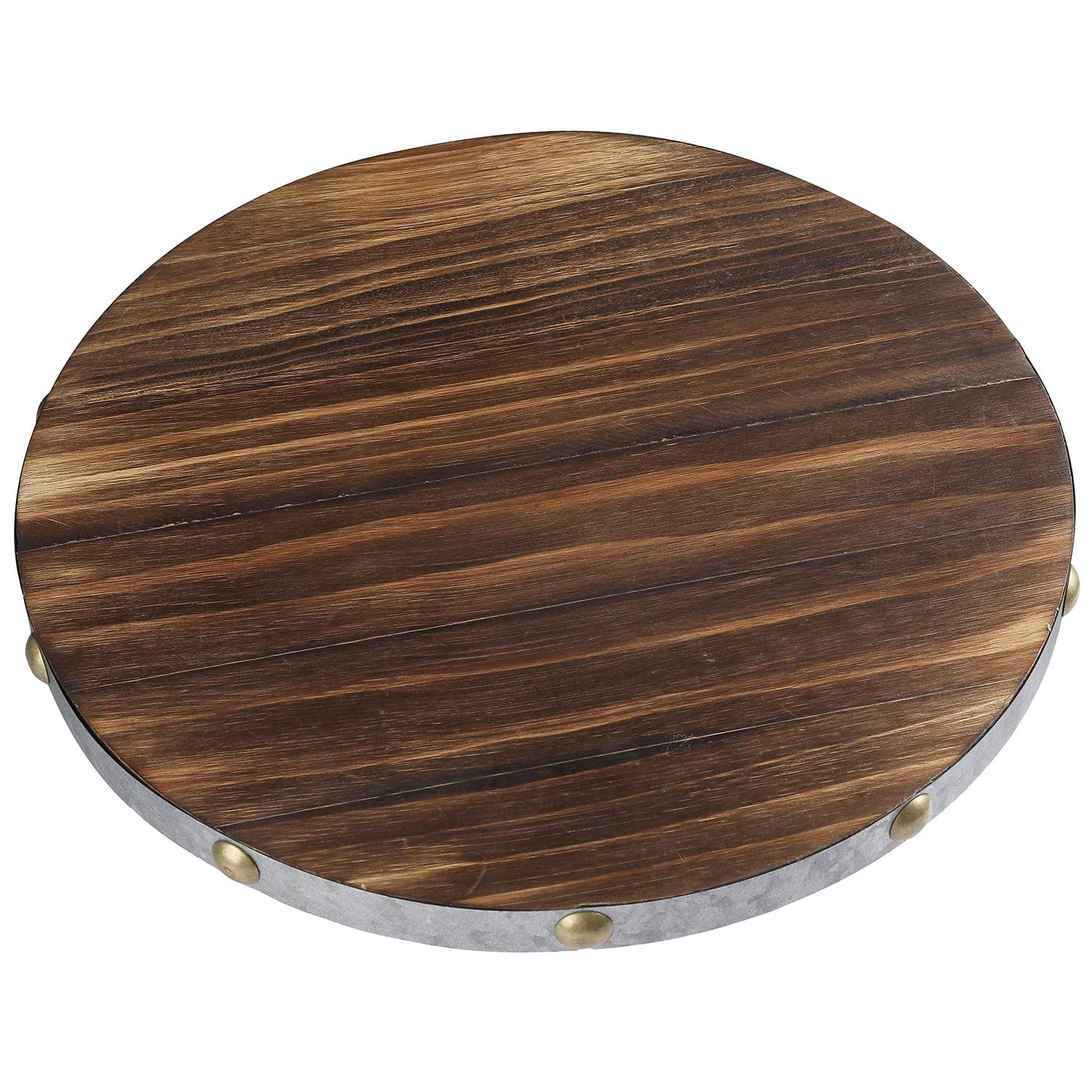 MyGift Round Rotating Serving Tray, Rustic Burnt Solid Wood and Galvanized Metal Lazy Susan Turntable with Brass Tone Studs