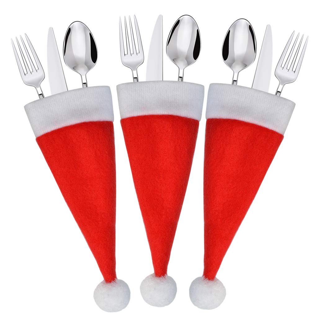 Marrywindix 50 Pieces Christmas Santa Hats Silverware Holders, Christmas Cutlery Holders for Xmas Party Dinner Utensil and Flatware Organizers Decorations Supplies