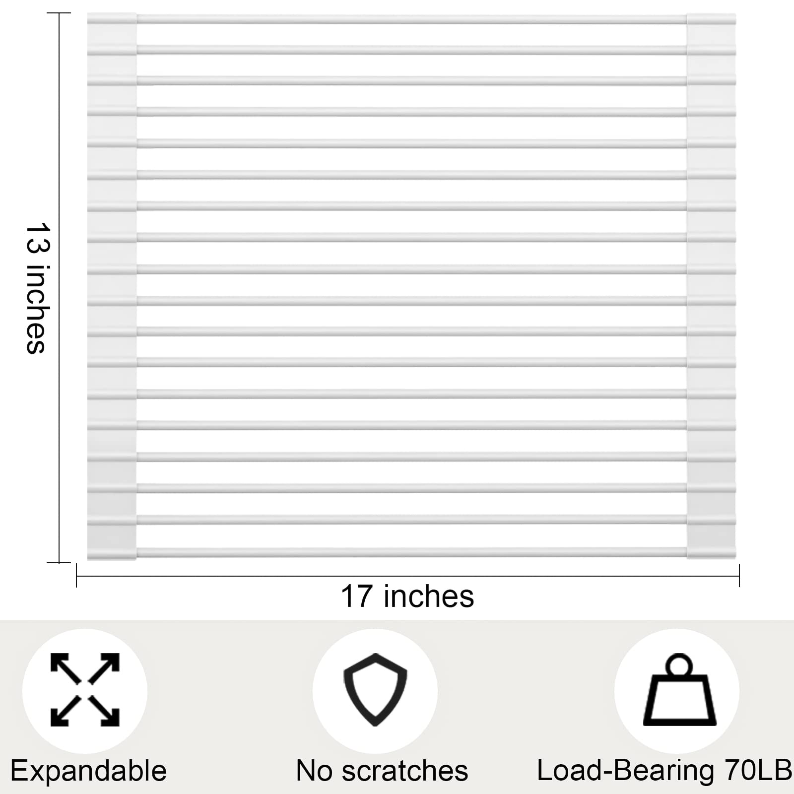 H S T Over The Sink Dish Drying Rack for Kitchen - 17" x 13" Heavy Duty Silicone Wrapped Steel Rods Over Sink Dish Drying Rack - Multipurpose Roll Up Sink Drying Rack - White
