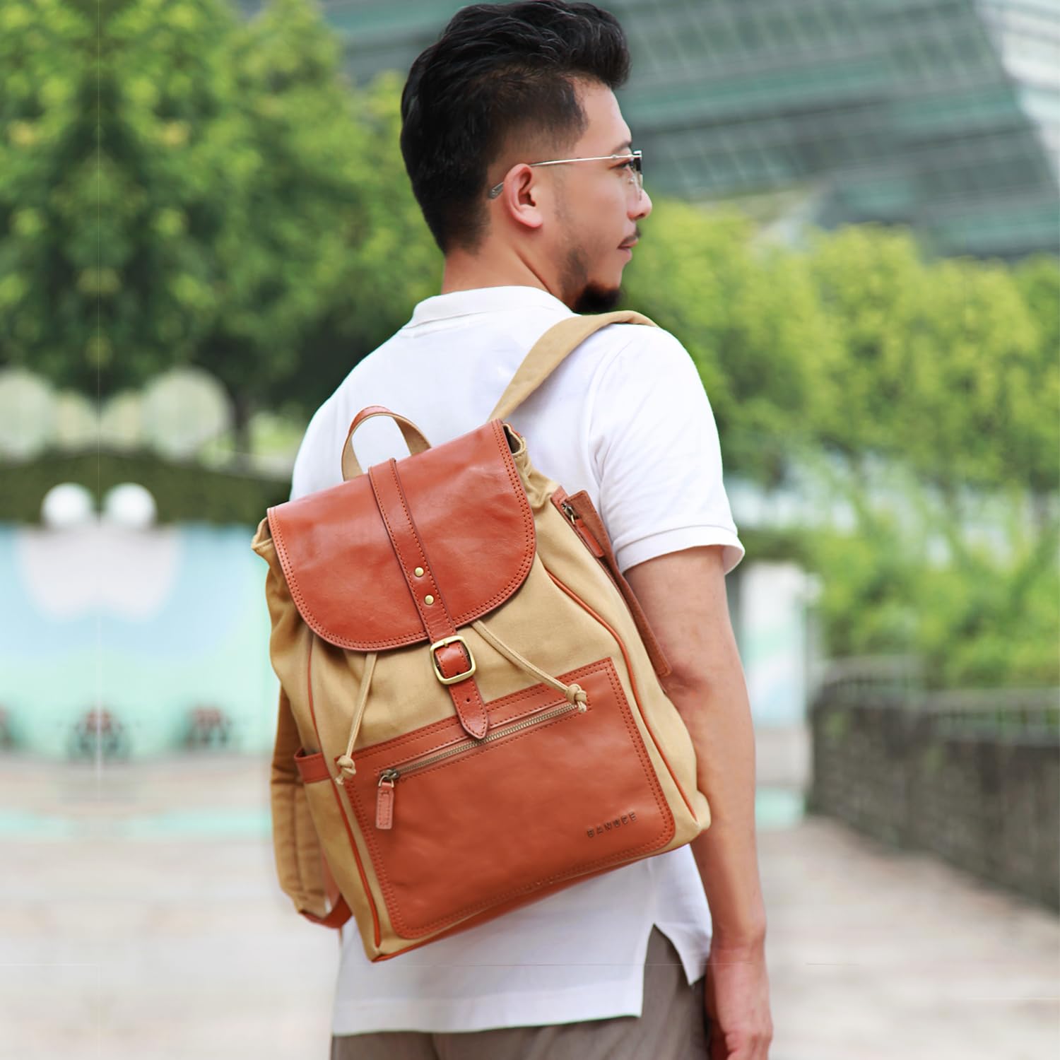 Banuce Canvas Leather Backpack for Men Women Casual Travel Daypack Knapsack Outdoor Rucksack