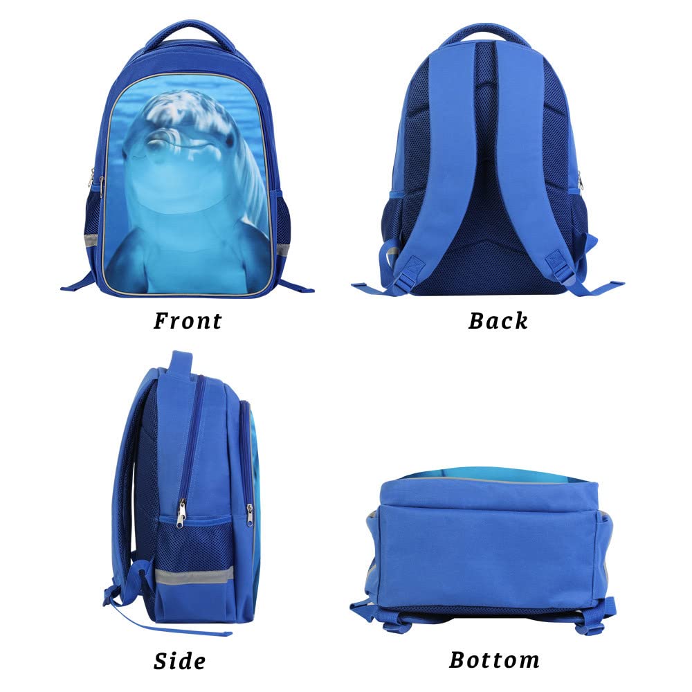 Dolphin 3D Print Luminous Blue Laptop Backpack for School, Large Capacity Lightweight Students Bookbag for Boys Girls Kids