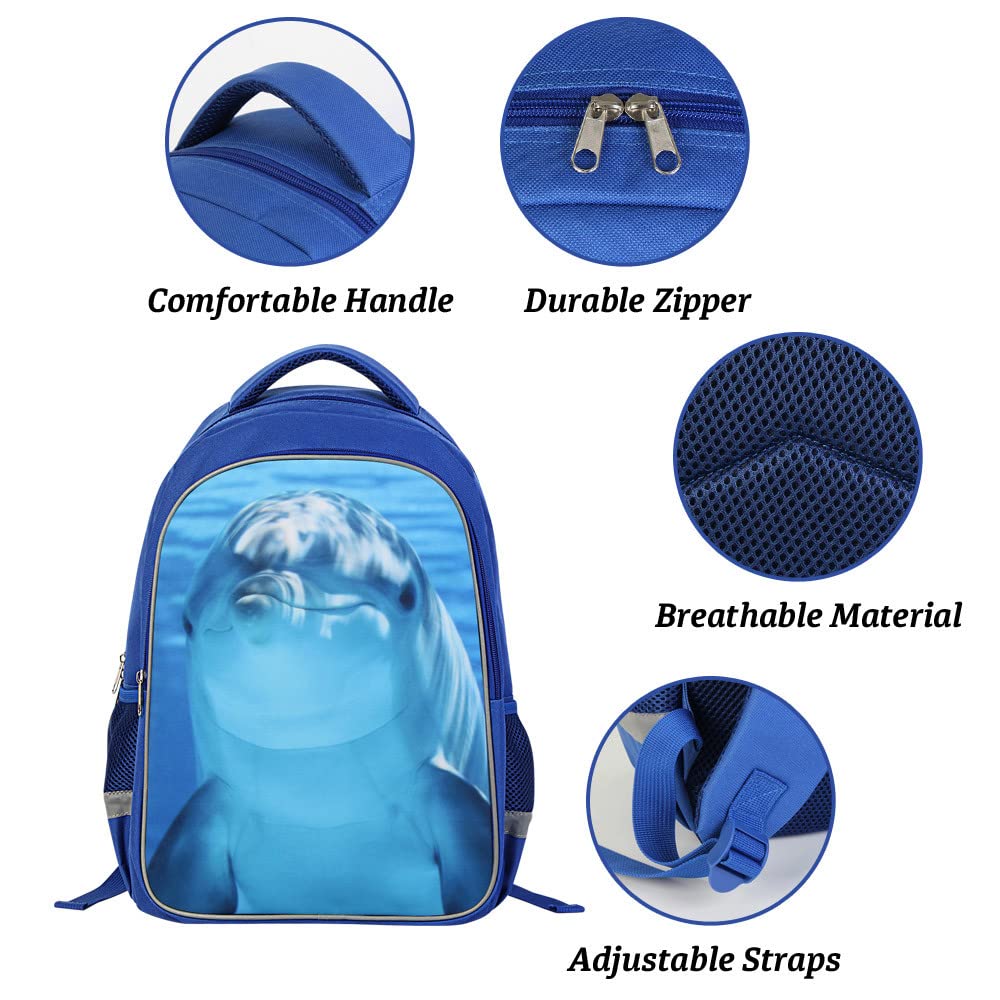 Dolphin 3D Print Luminous Blue Laptop Backpack for School, Large Capacity Lightweight Students Bookbag for Boys Girls Kids