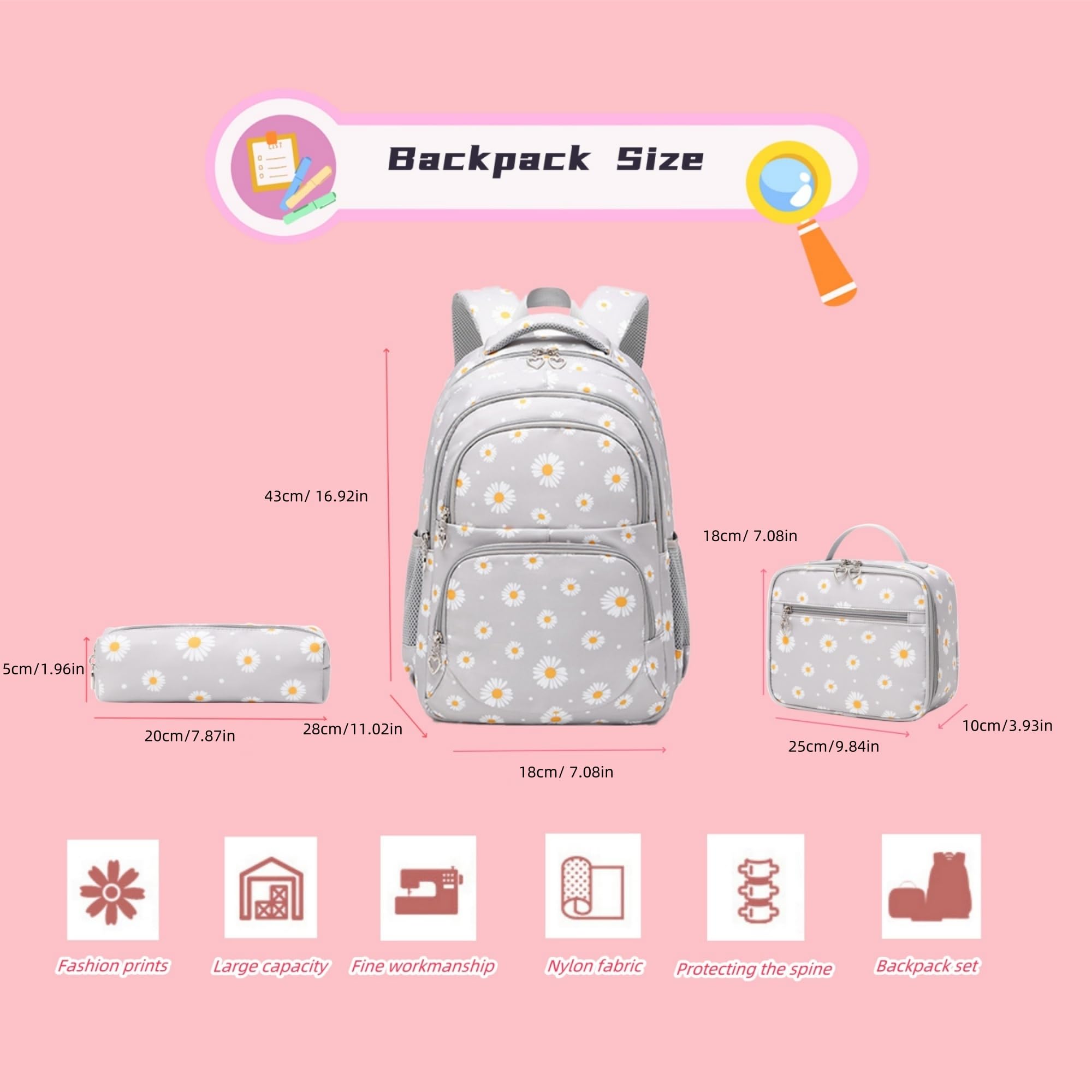 Daisy-Print School Backpack Set with Lunch Kits Bookbag for Teenager Girls 3pcs Gradient SchoolBag for Primary Student