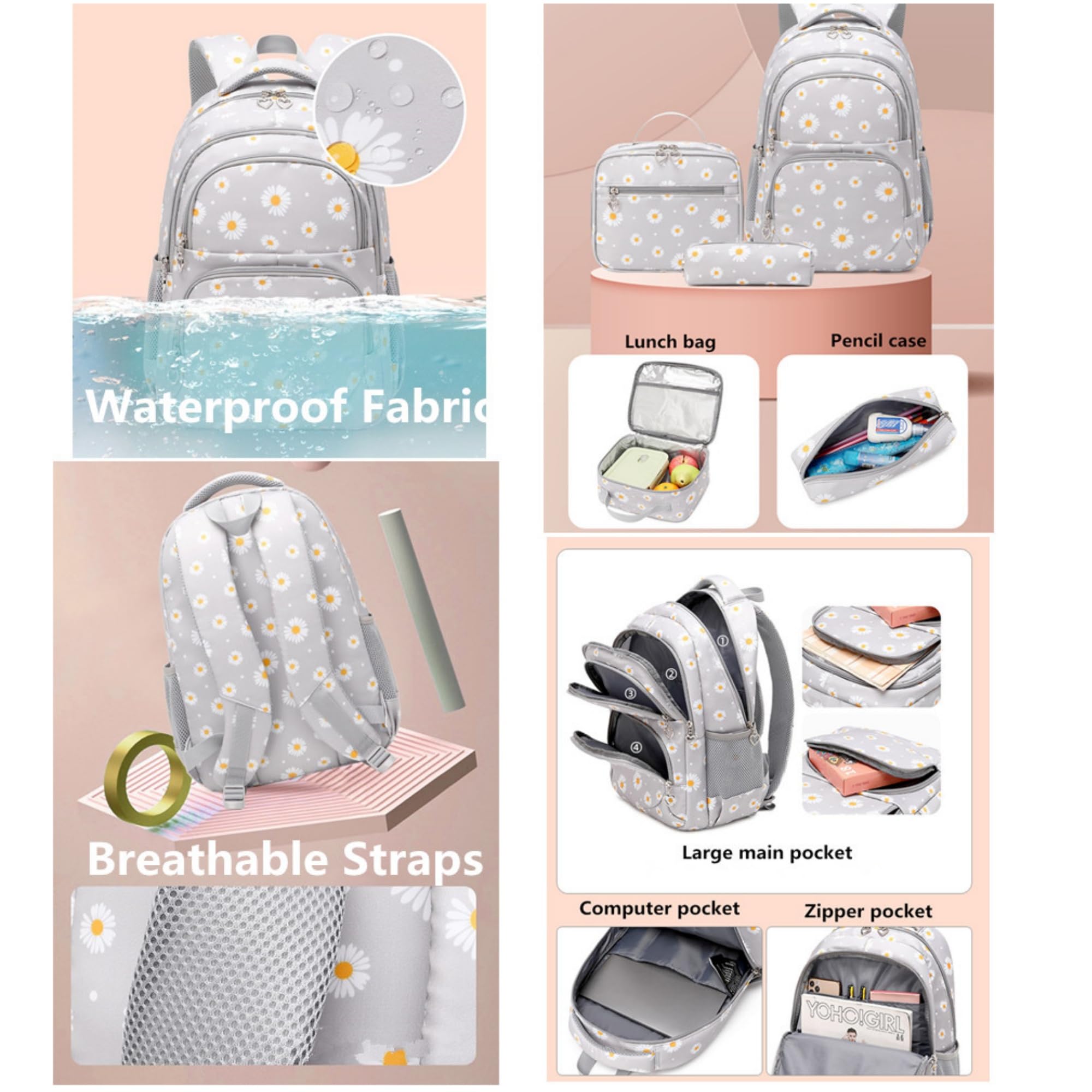 Daisy-Print School Backpack Set with Lunch Kits Bookbag for Teenager Girls 3pcs Gradient SchoolBag for Primary Student