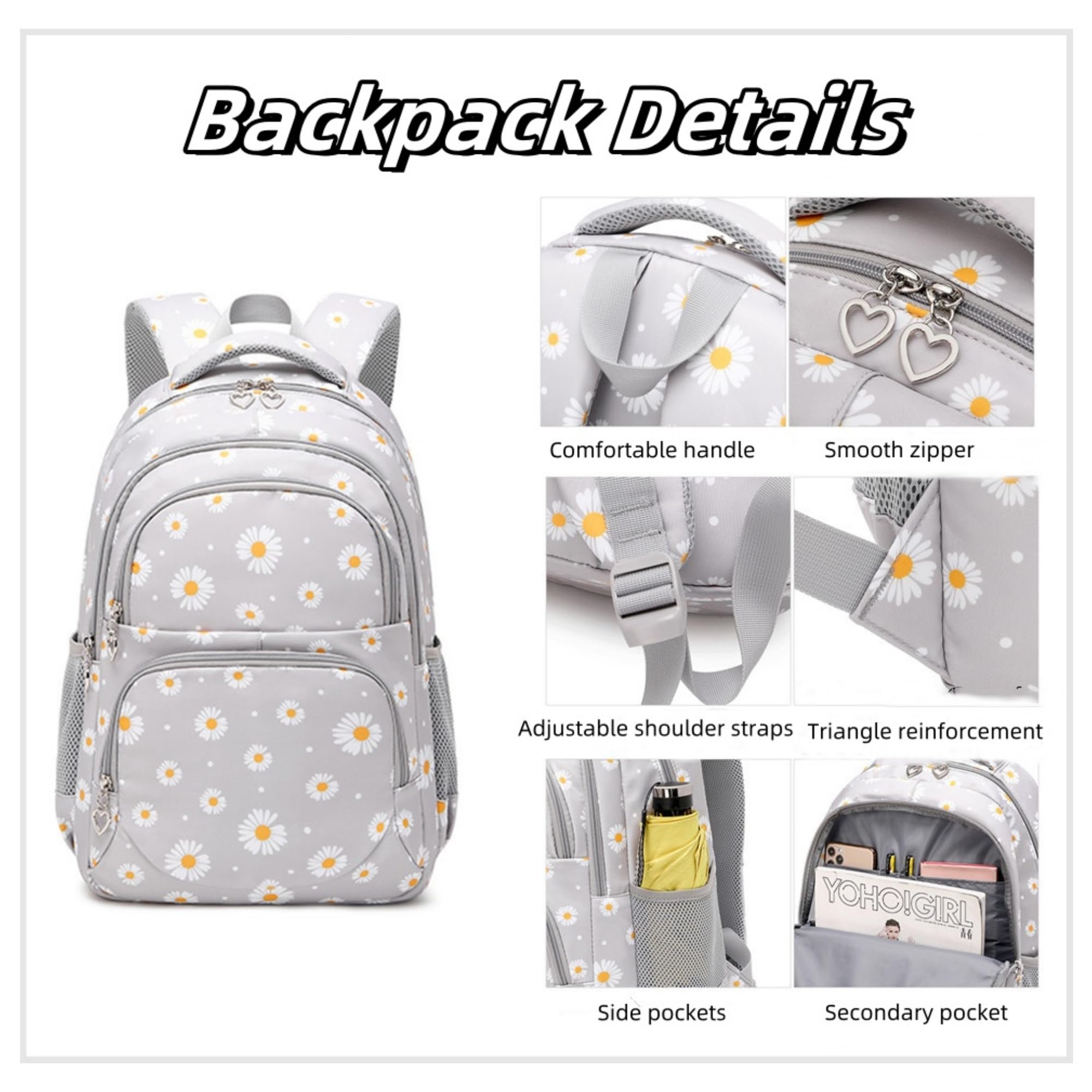 Daisy-Print School Backpack Set with Lunch Kits Bookbag for Teenager Girls 3pcs Gradient SchoolBag for Primary Student