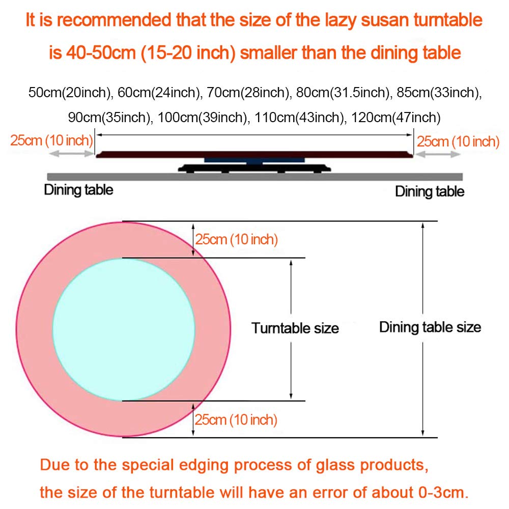 WQSQ 24inch Round Rotating Tray Dining Table Turntable Smooth Serving Plate Tempered Glass Lazy Susan Swivel Tray With Silent Metal Base, Easy To Clean