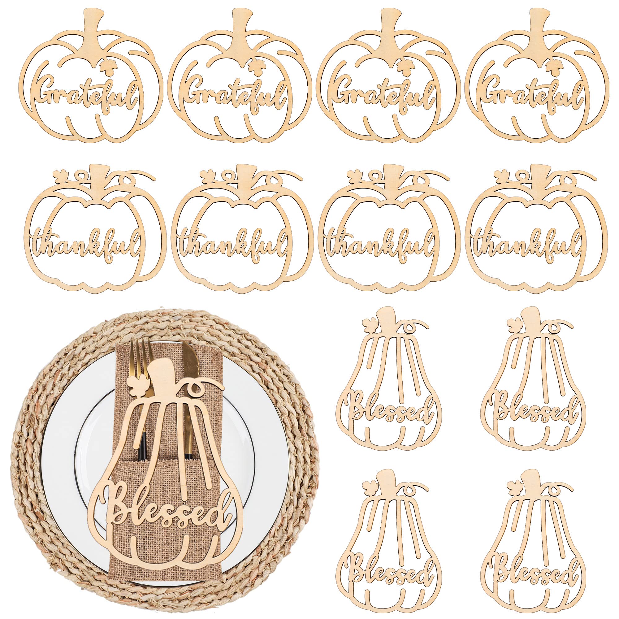 Fall Plate Decor 12 Pieces Pumpkin Wood Cutouts Thanksgiving Table Setting Wooden Word Cards with 12 PCS Burlap Cutlery Pouch Bags for Holiday Harvest Utensil Home Party Decor