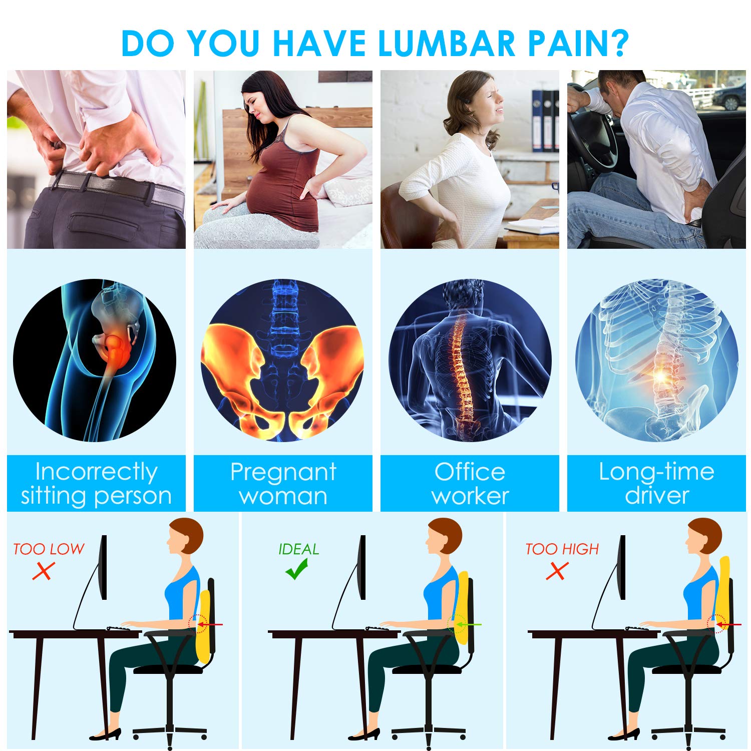 Lumbar Support Pillow for Office Chair Car Lumbar Pillow Lower Back Pain Relief Memory Foam Back Cushion with 3D Mesh Cover Gaming Chair Back Pillow Ergonomic Orthopedic Back Rest for Wheelchair Desk