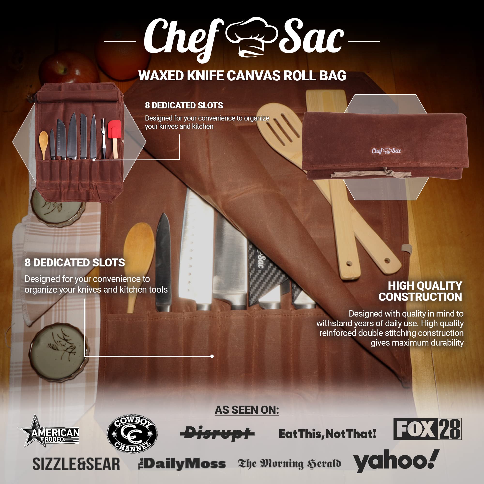 Chef Knife Waxed Canvas Knife Roll Bag| 8 Pockets for Knives & Kitchen Utensils Waterproof Material | Great Gift for Executive Chefs & Culinary Students (Reddish Brown)